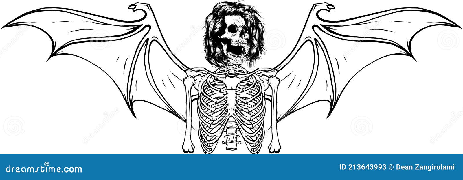 Draw in Black and White of Human Skeleton with Bat Wings Vector ...