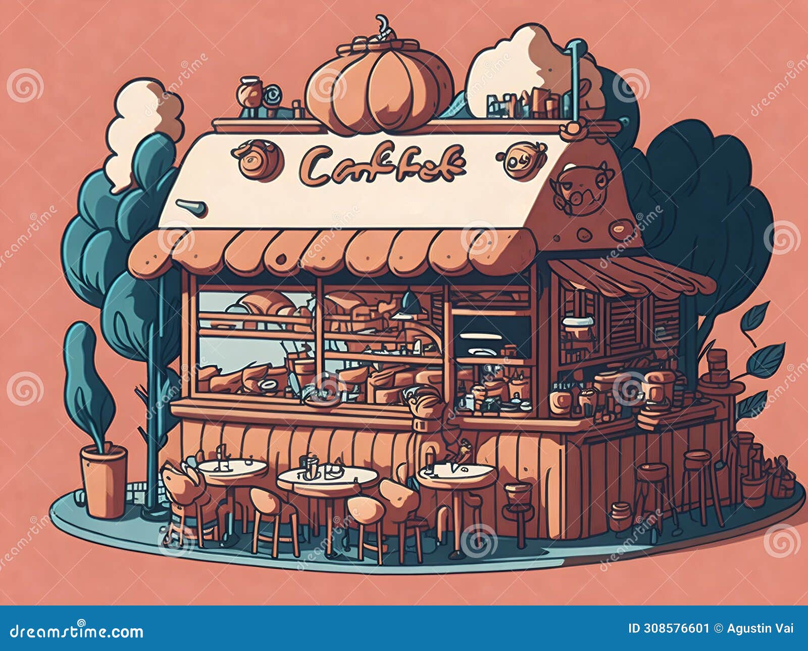 Draw of a Coffee Shop with Tables, Chairs, Plants and Trees Stock ...