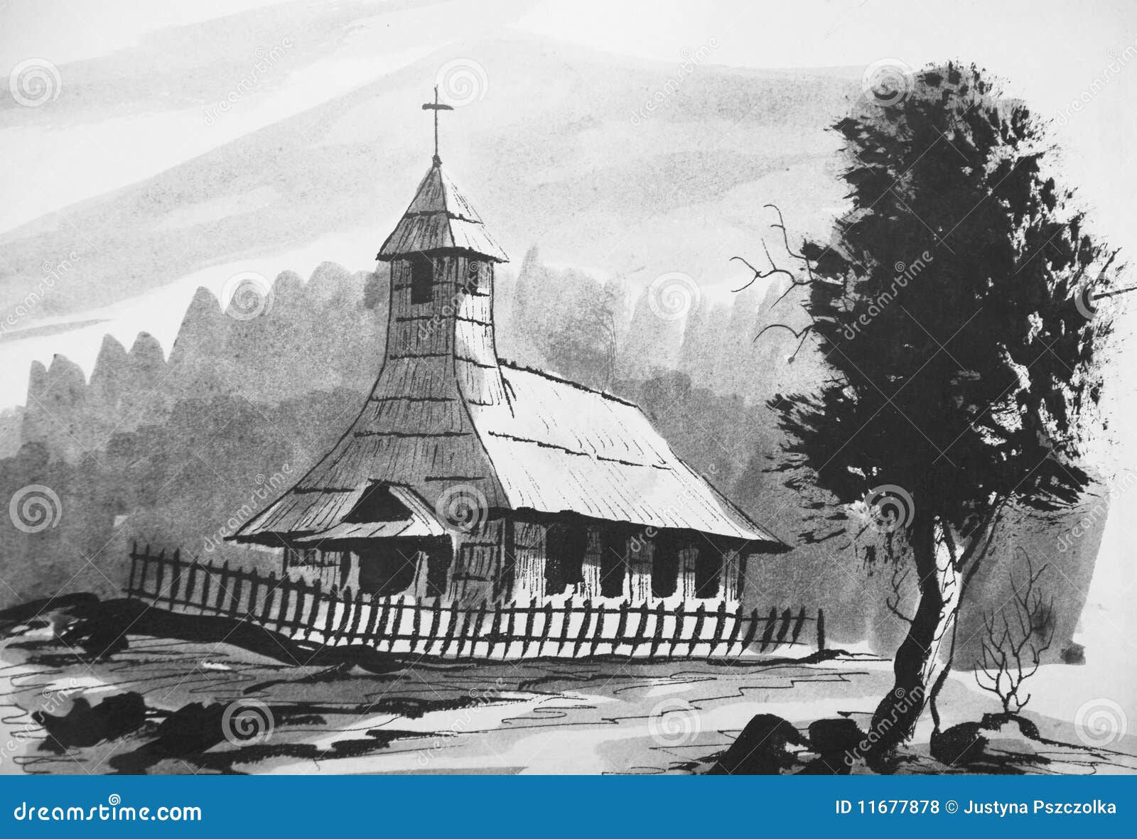 Draw of old church stock photo. Image of village, building - 11677878