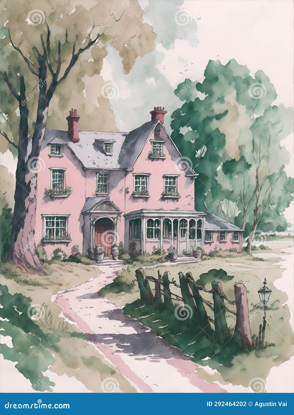 Draw of a Pink House with Trees Arround and a Path To the Door Stock ...