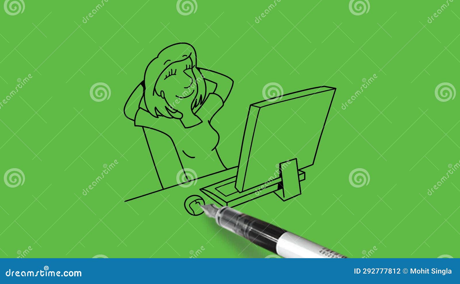 Draw Young Girl Sit on Chair in Rest Position Keep Both Hand Backside ...