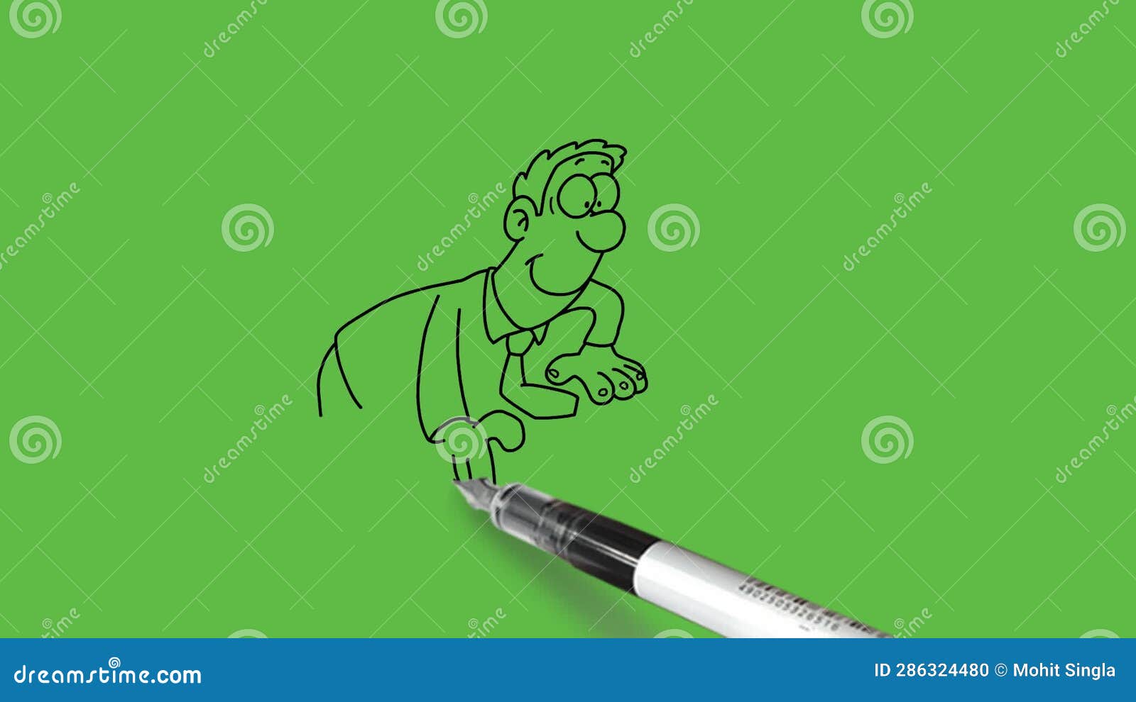 Draw Young Man Lean Forward on Computer Place on Center Table Do Work ...