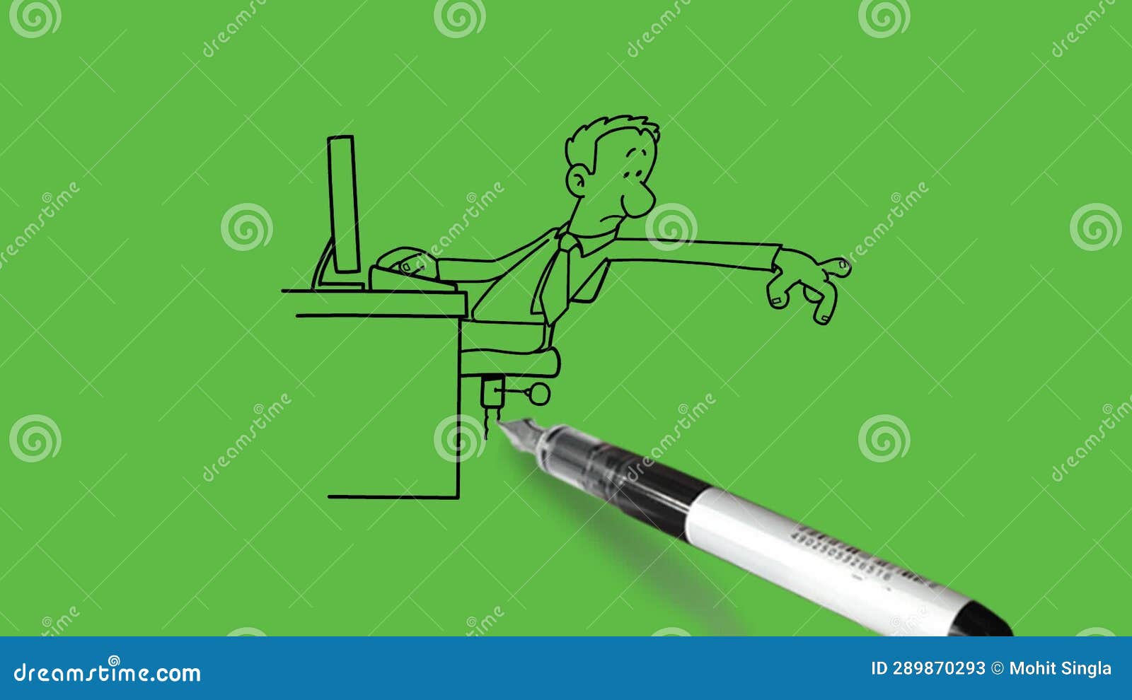 Draw Young Man Sit on Adjustable Office Chair Do Work on Computer Place ...