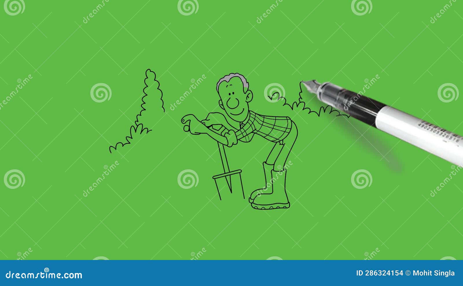 Draw Young Man Stand Lean Forward with Support of Stick with Black ...