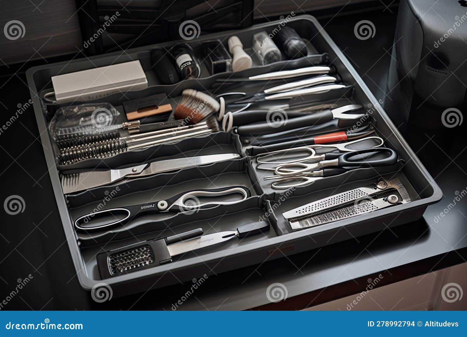 A Drawer Filled with Different Grooming Tools, Including Scissors, Nail ...