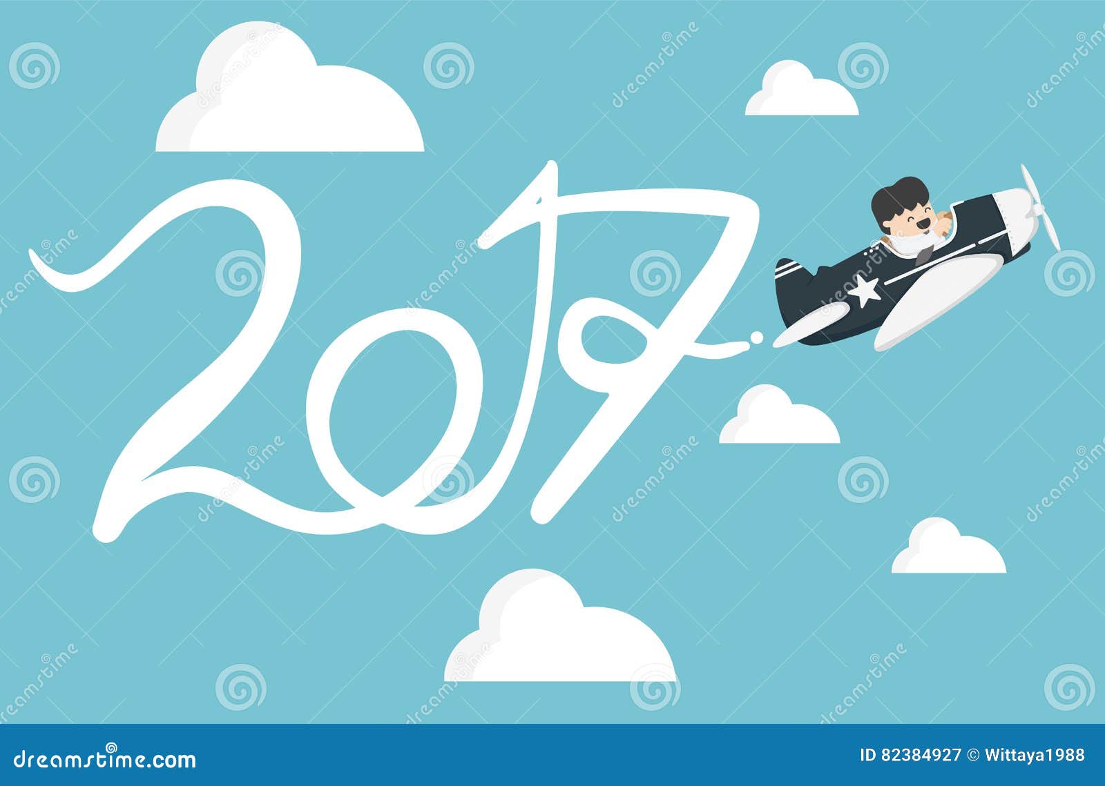 Drawing Airplane in the Sky, New Year Concept Flat Vector Stock Vector ...