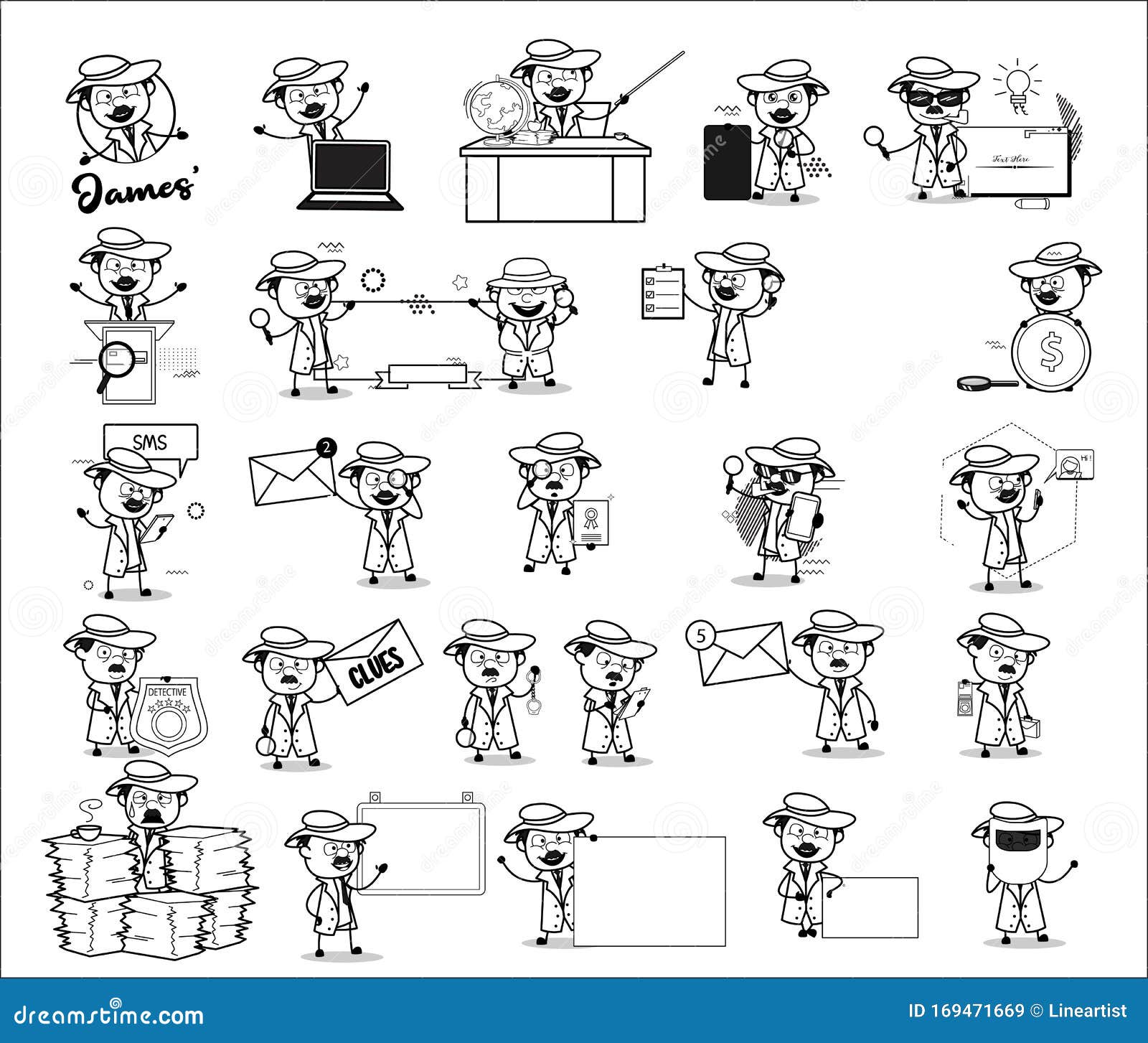 Drawing Art Of Comic Detective Agent - Set Of Concepts Vector ...