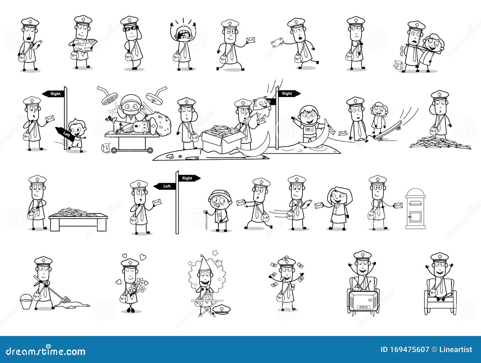 Drawing Art of Comic Postman - Set of Concepts Vector Illustrations ...