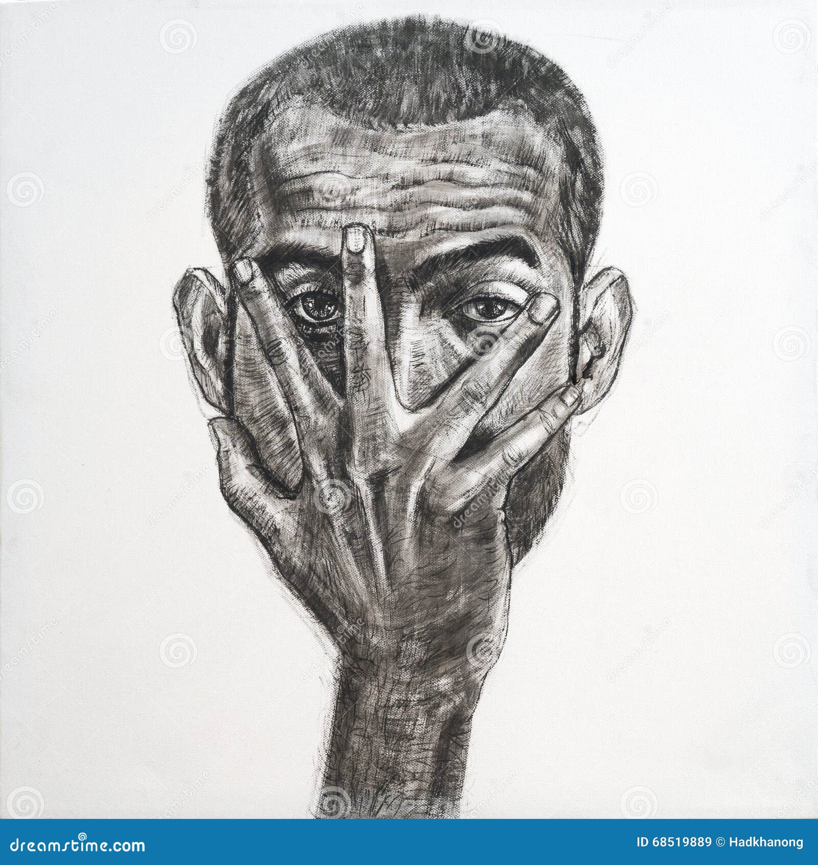 Drawing of Asian Man Face Hidden by Hand Stock Illustration ...