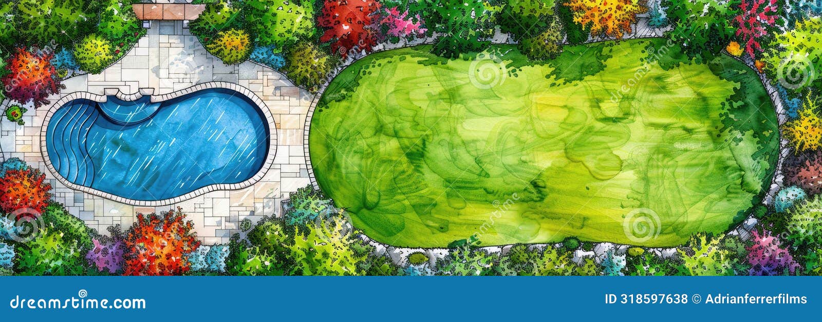 A Drawing of a Backyard with a Pool and Grass Stock Photo - Image of ...