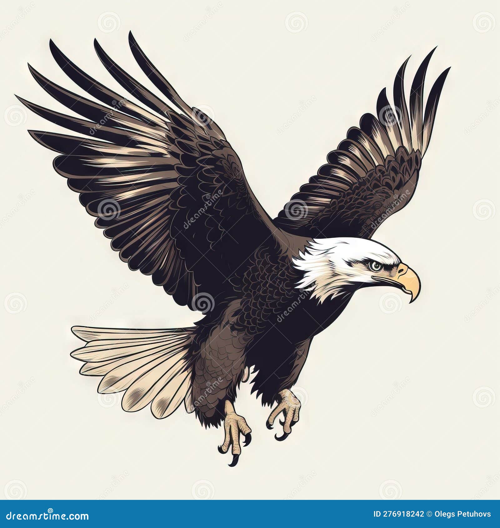A Drawing Of A Bald Eagle Flying In The Air With Its Wings Spread Out ...