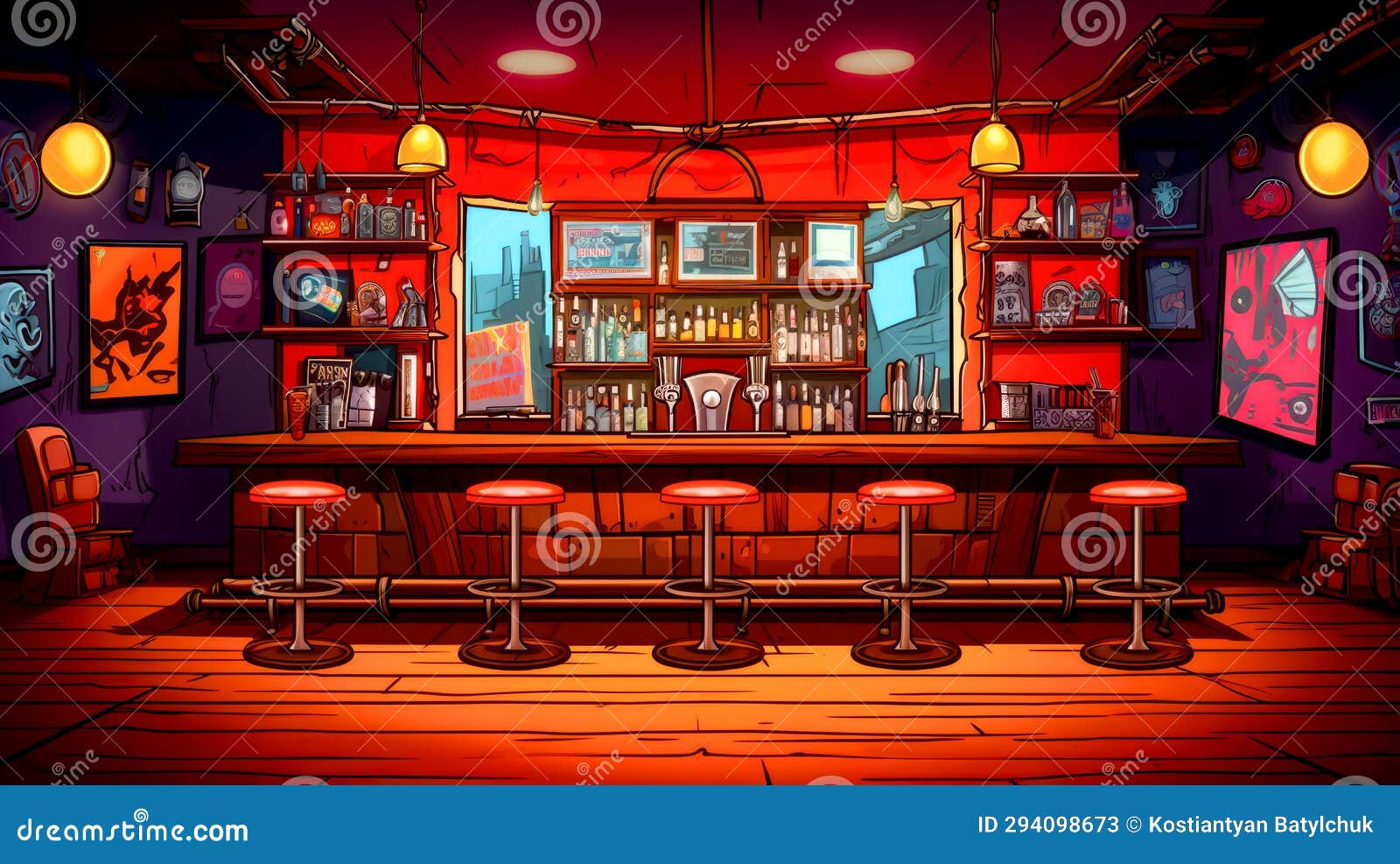 Drawing of Bar with Stools in Front of Red Wall. Generative AI Stock ...