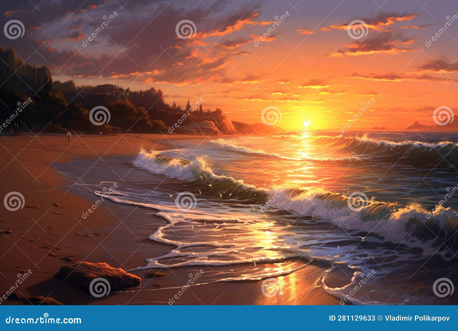 Drawing of a Beach with the Sea and Palm Trees at Sunset. Generated by ...