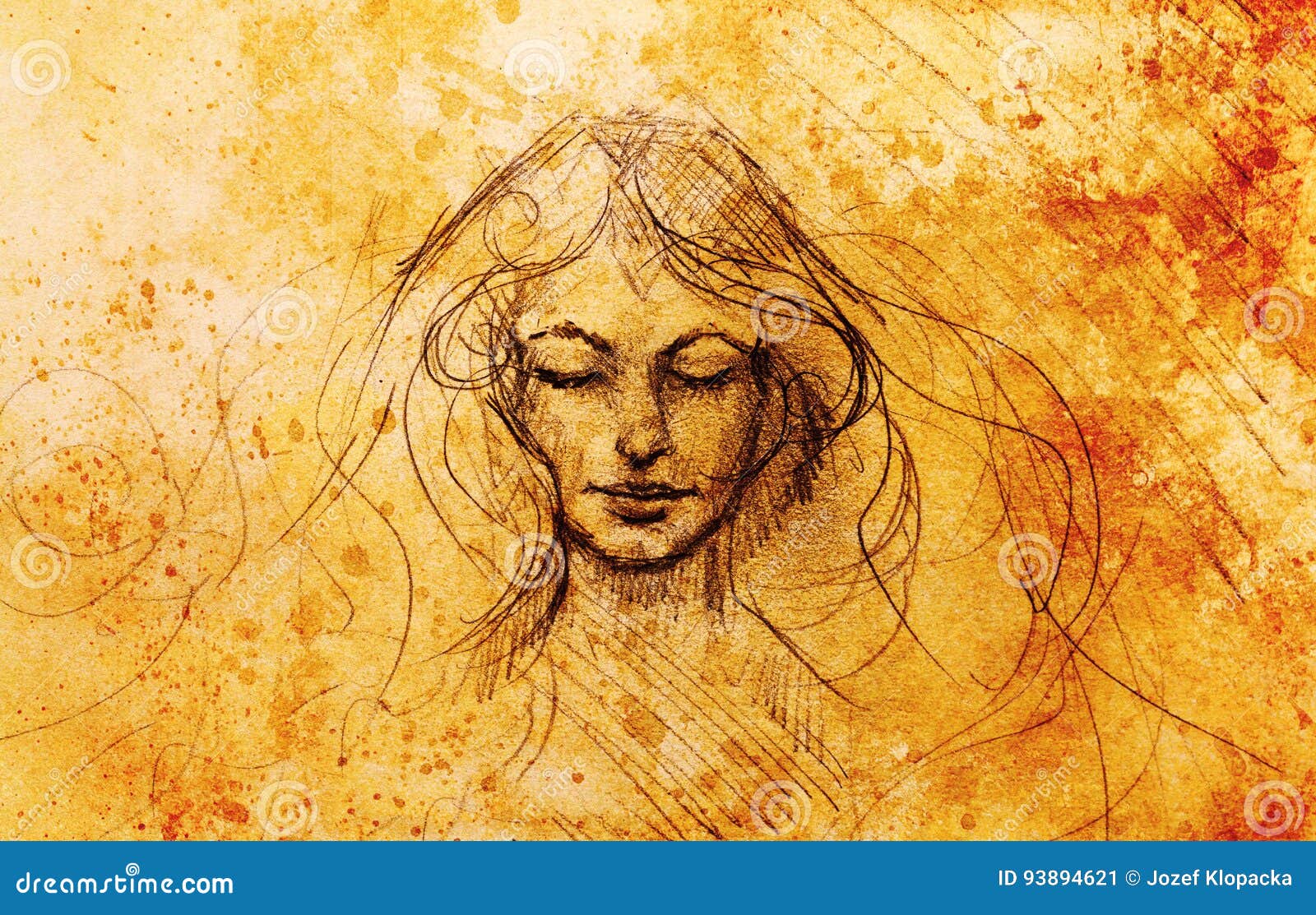 Drawing of Beautiful Contemplative Woman Face on Abstract Background ...