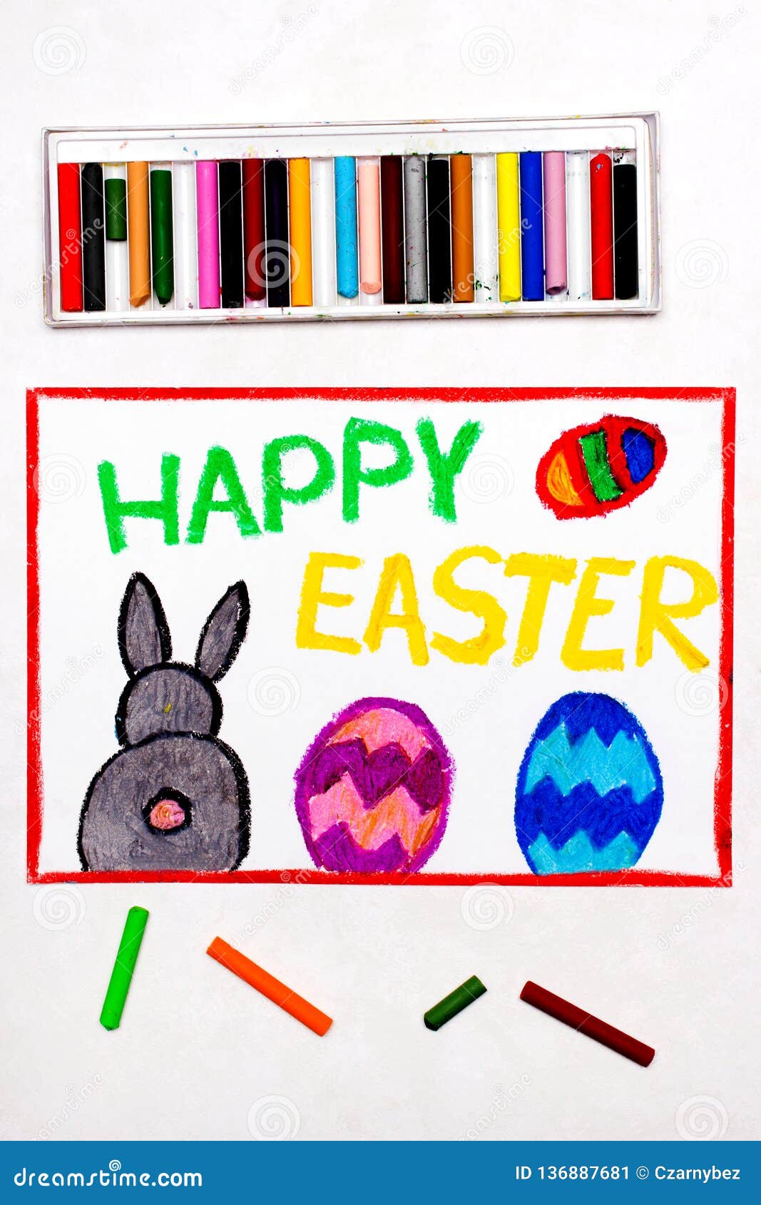 Drawing: Beautiful Easter Card with Easter Eggs and Cute Bunny Stock ...