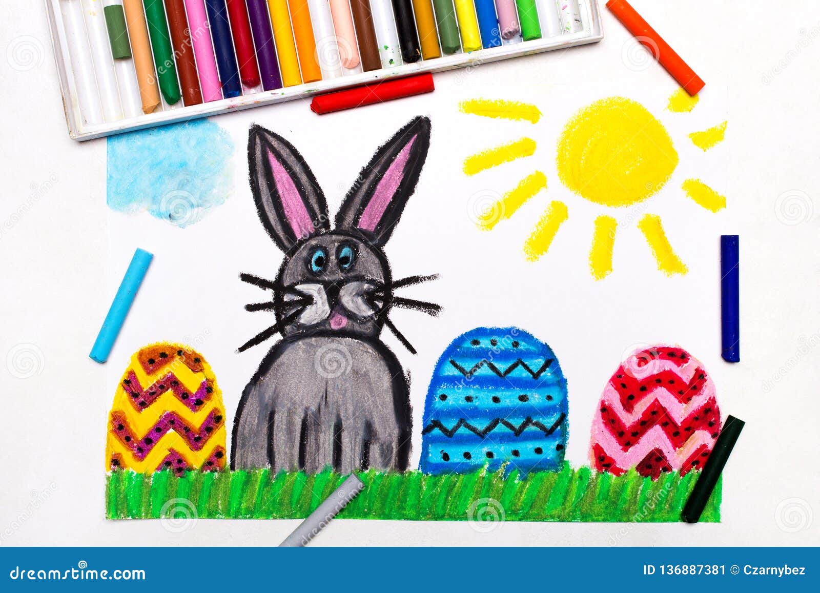 Drawing: Beautiful Easter Card with Easter Eggs and Cute Bunny Stock ...