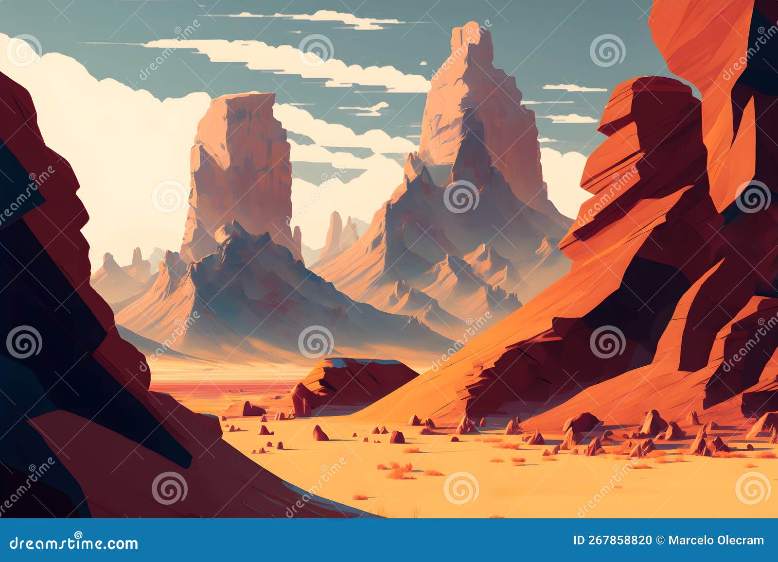 Drawing of a Beautiful Landscape with Mountains and an Arid Desert ...