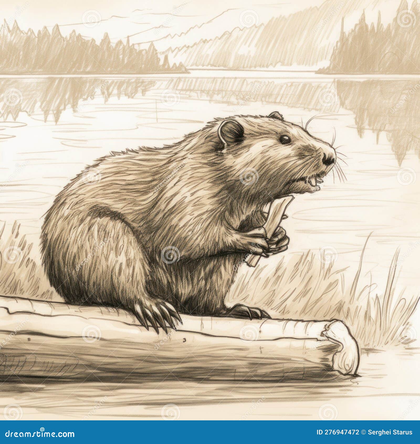 Beaver Sitting With A Stick In His Hands, Outline Drawing, Coloring ...