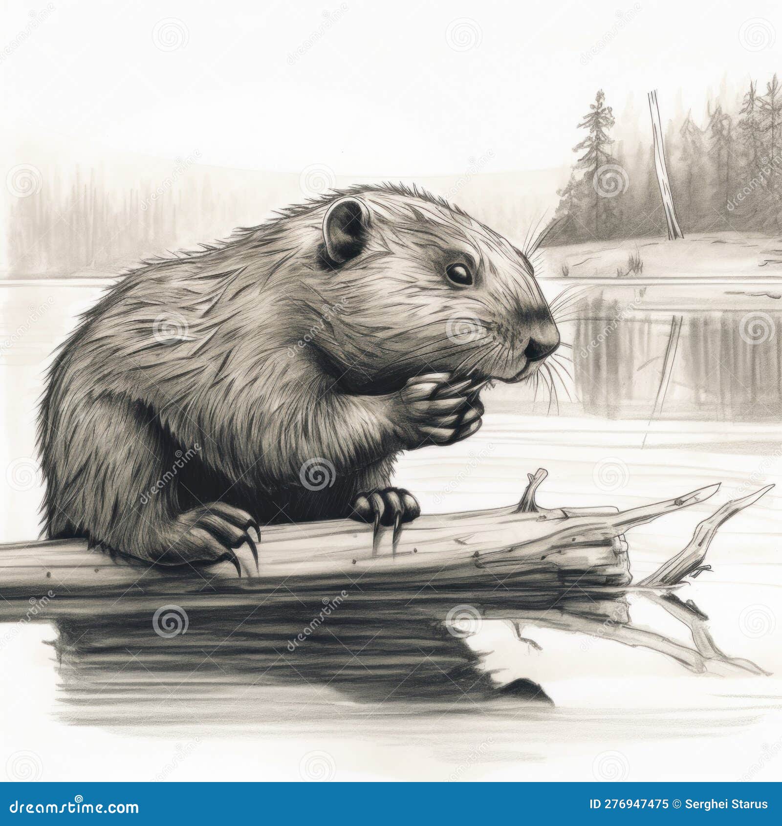 A Drawing Of A Beaver Sitting On A Log. AI Generative Image. Royalty ...