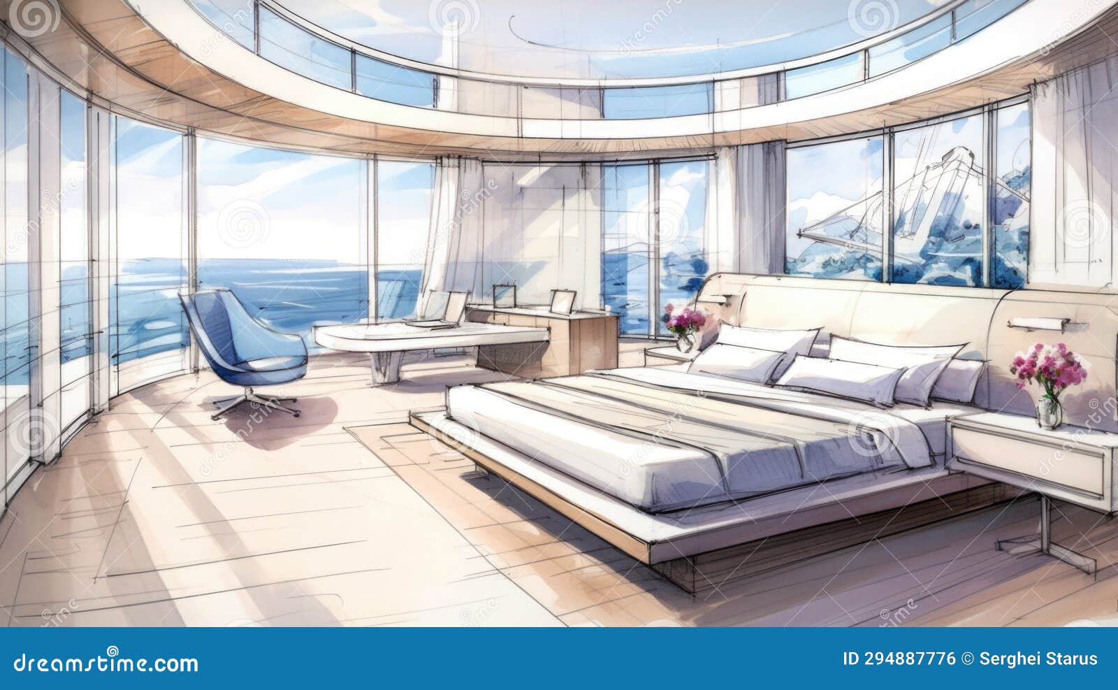 A Drawing of a Bedroom with a Large Window, AI Stock Photo - Image of ...