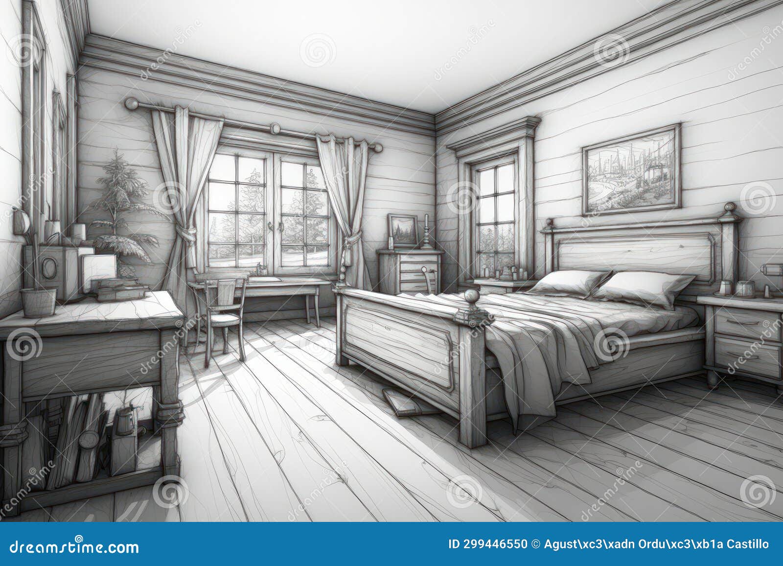Drawing of a Bedroom with a Messy Bed. Stock Illustration ...