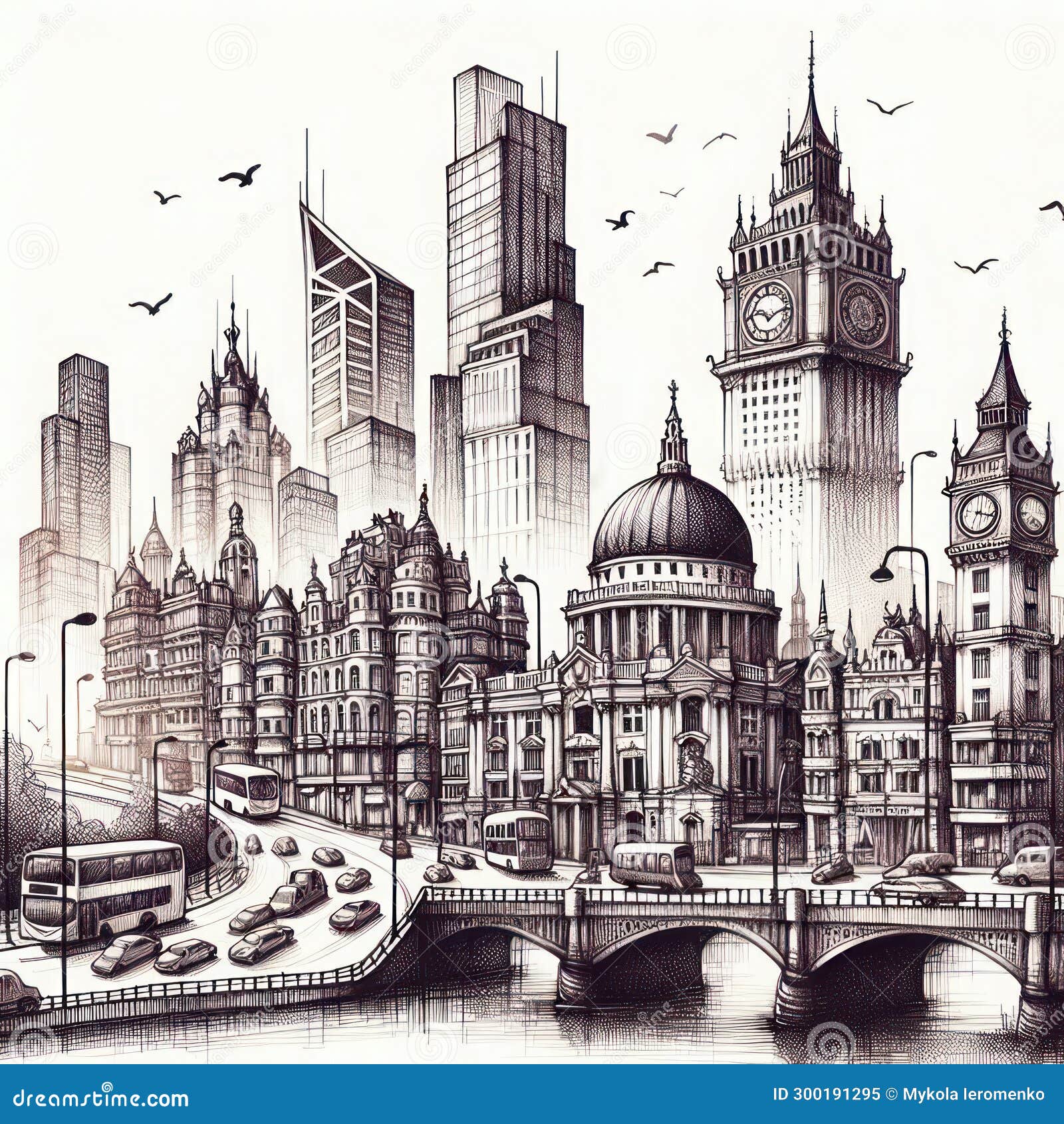 Drawing of a Big City Drawn with a Pen. Stock Image - Image of view ...