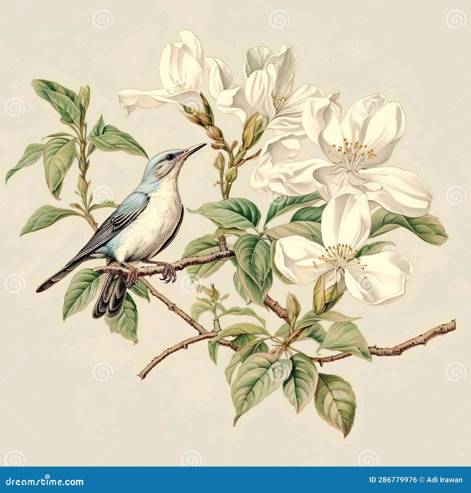A Drawing of a Bird on a Branch with Flowers Stock Illustration ...