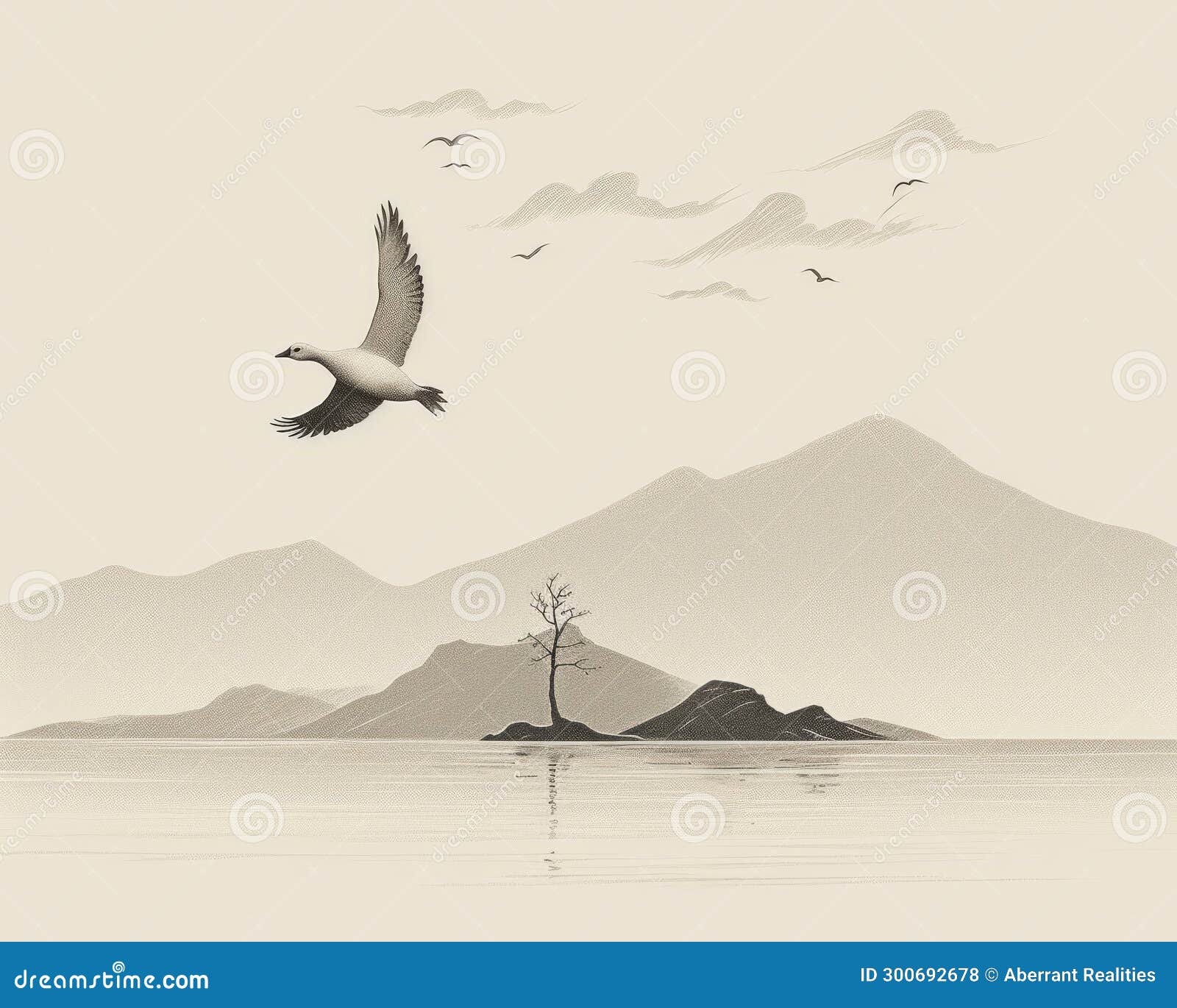 A Drawing of a Bird Flying Over a Lake with Mountains in the Background ...