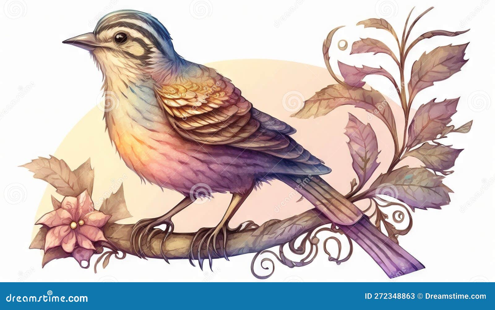 A Drawing of a Bird Sitting on a Branch with Flowers Stock Illustration ...