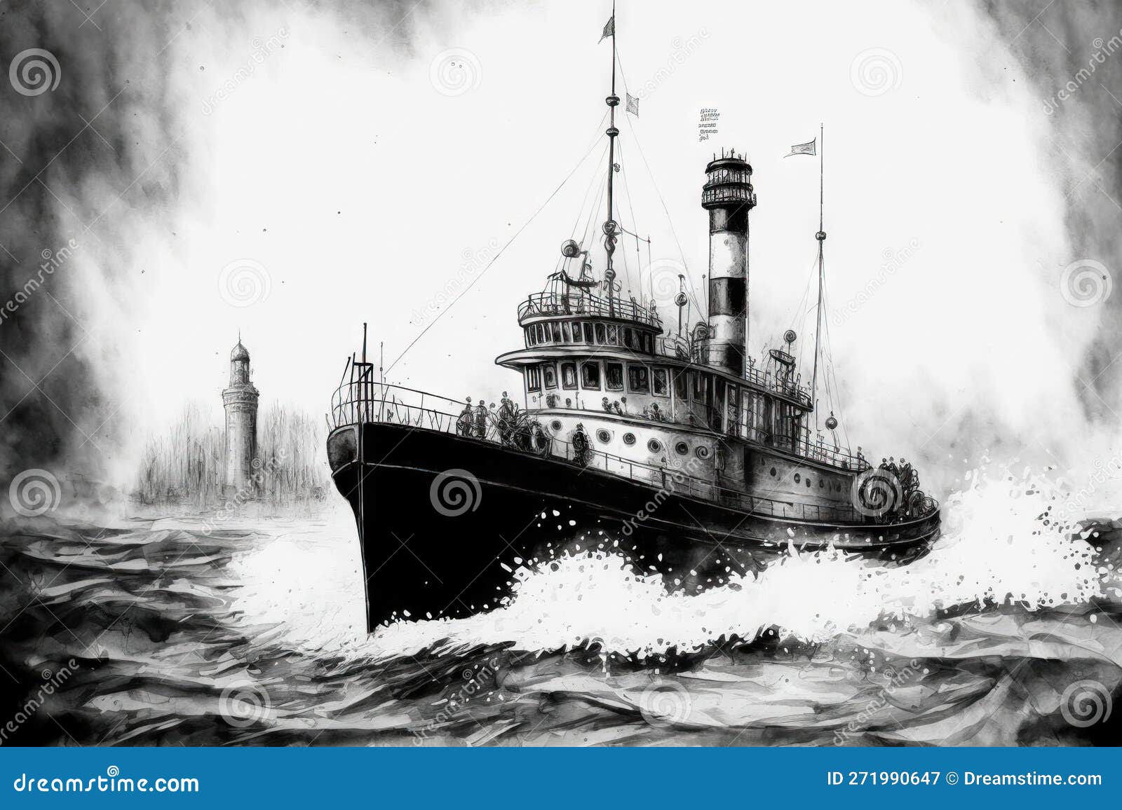 Drawing with Black Gel Ink on White Paper. the Tugboat Sails Out of the ...