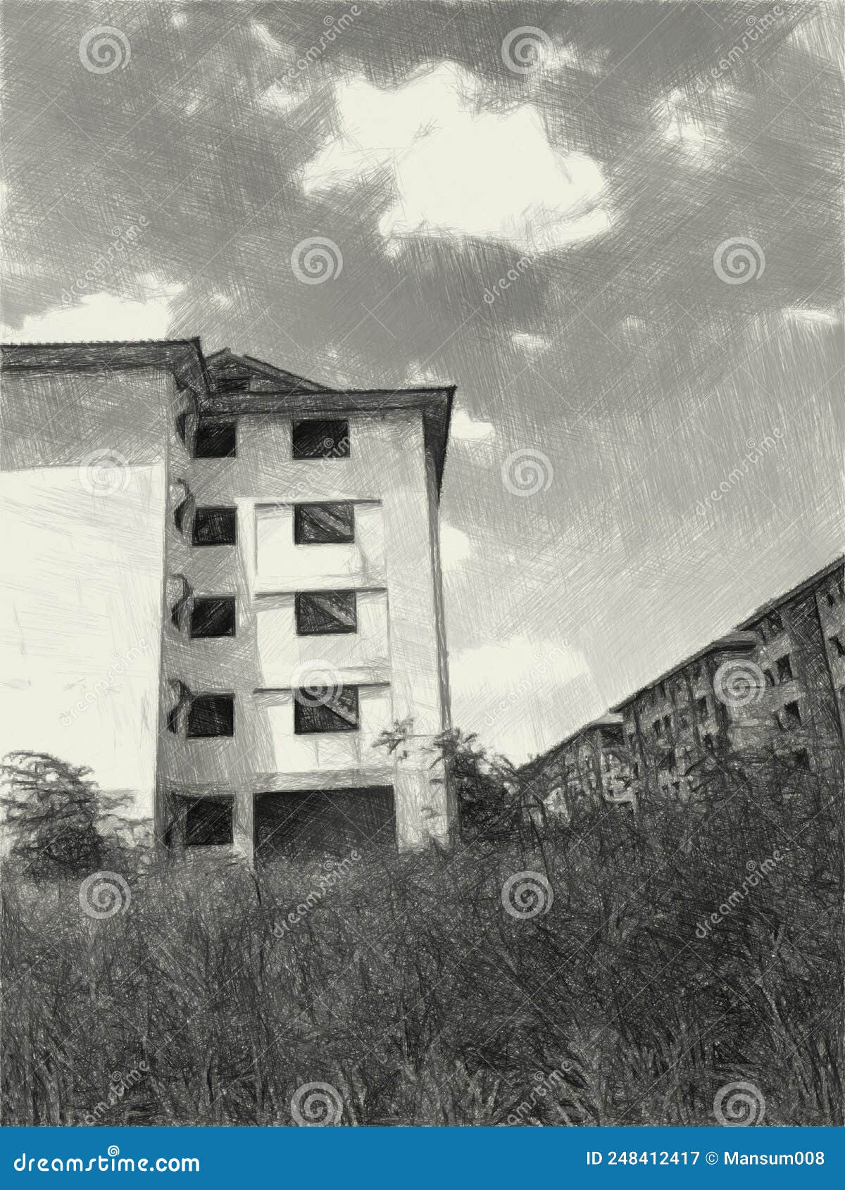 Drawing Black and White of Abandoned Building Stock Image - Image of ...