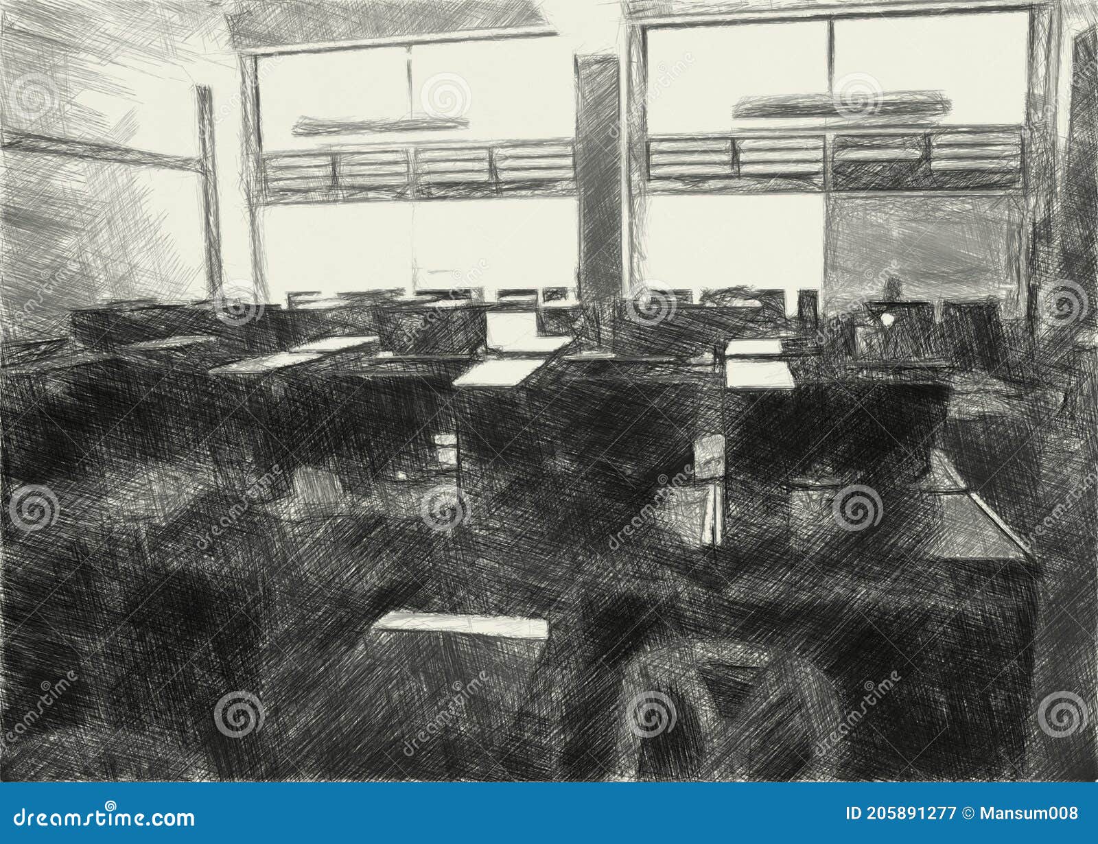 Drawing Black and White of Computer Room in School Stock Illustration ...