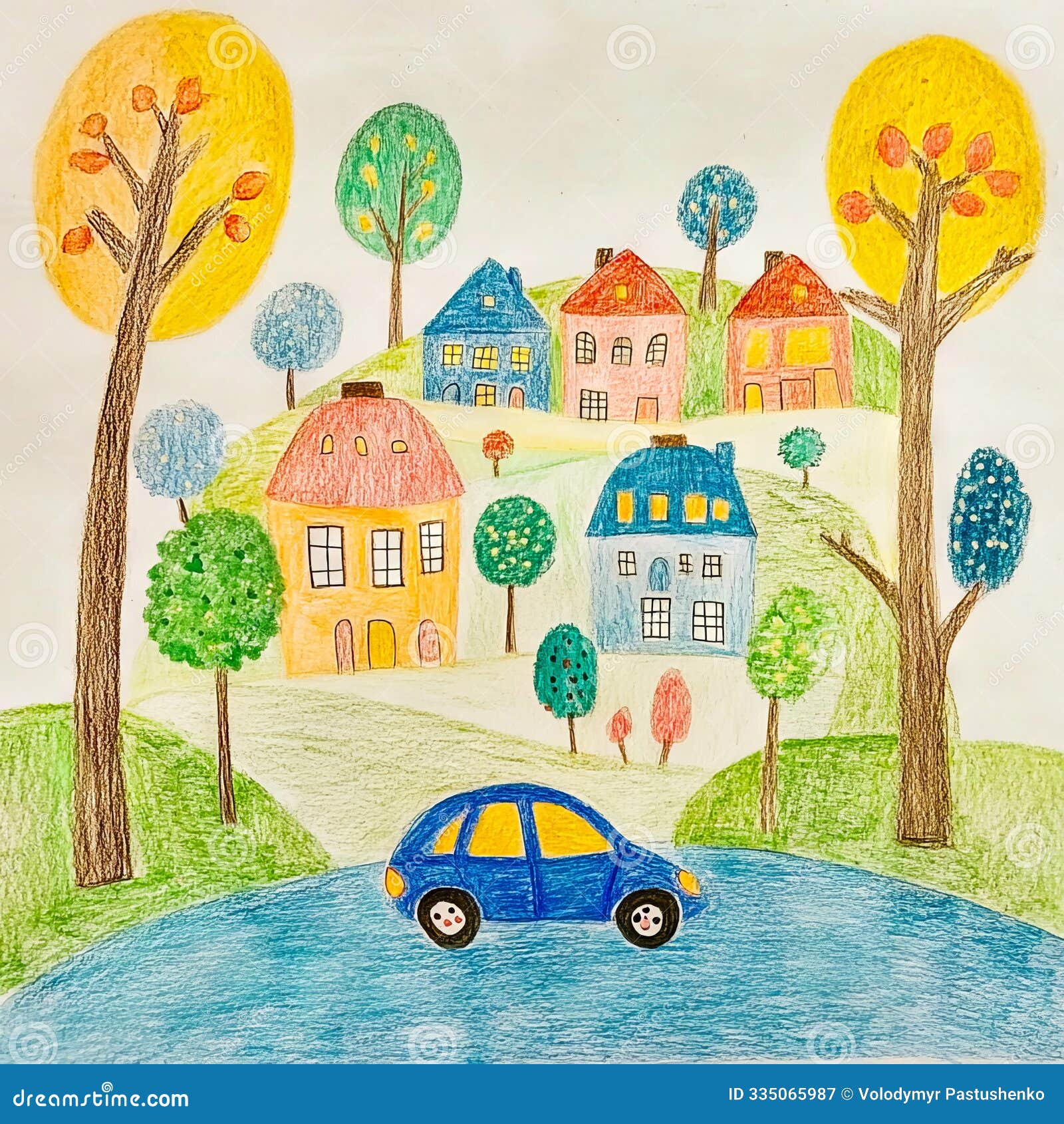 A Drawing of a Blue Car Driving Down a Road in Front of a Row of Houses ...