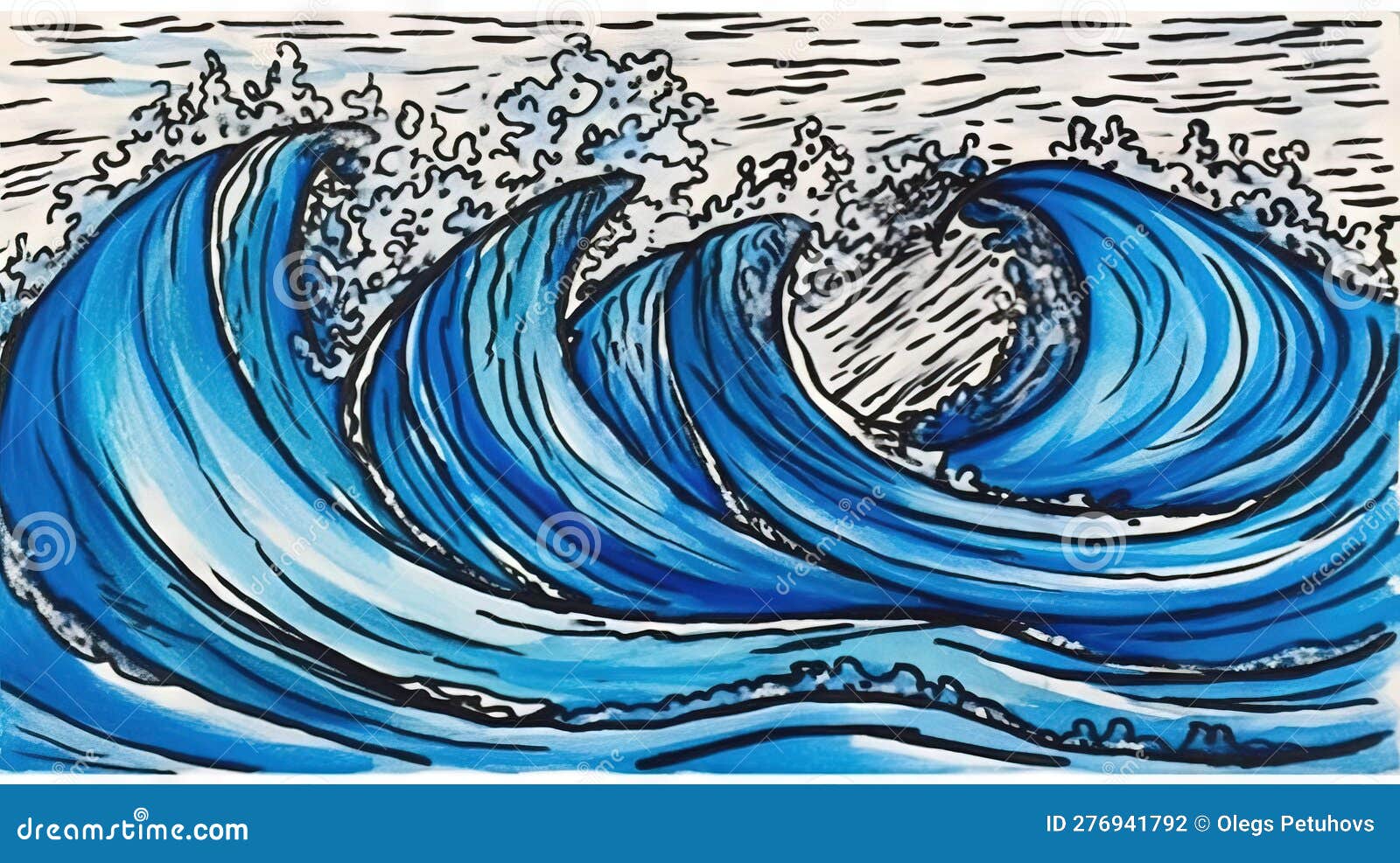 A Drawing of a Blue Wave in the Ocean with a Sky Background Stock ...