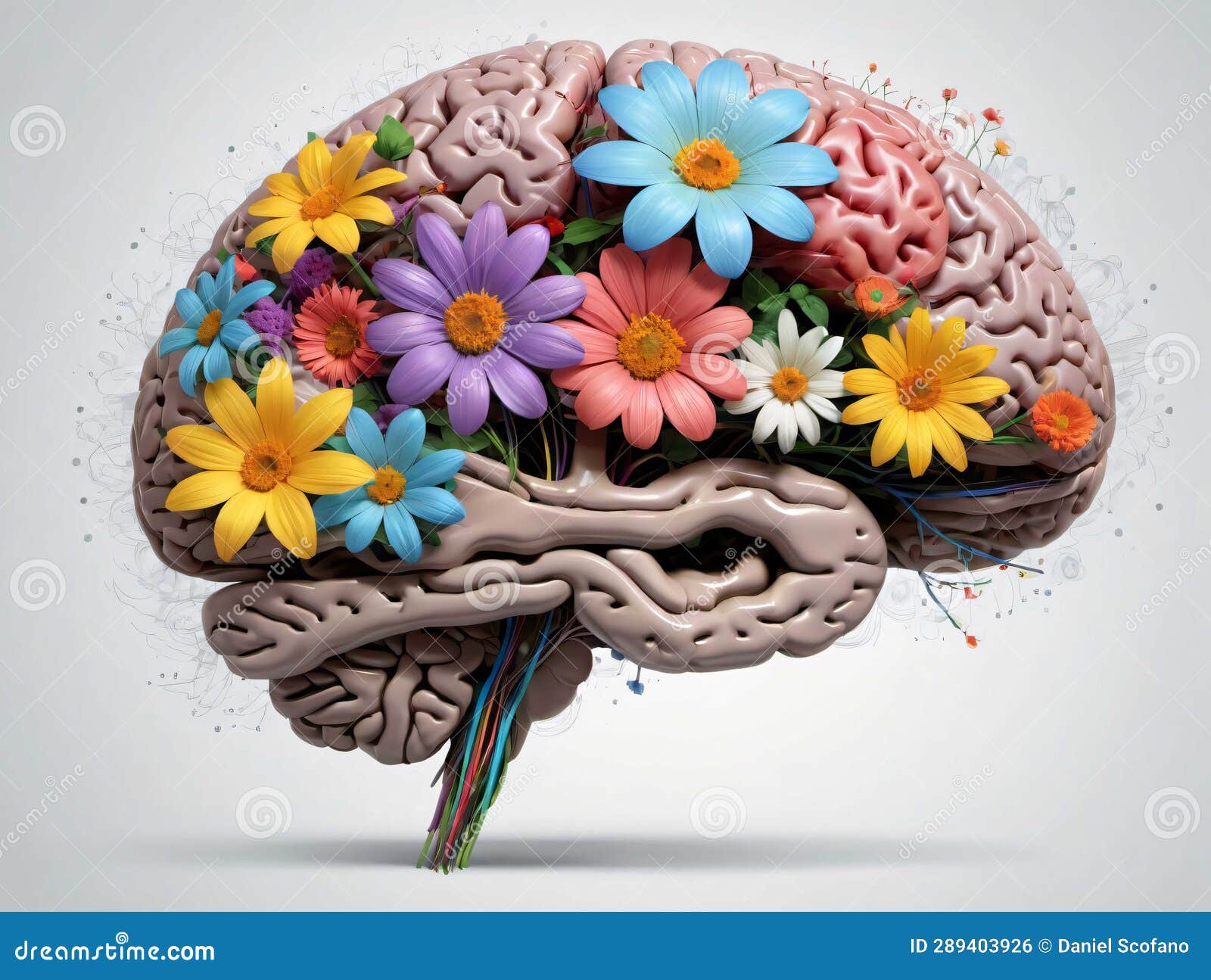 A Drawing of a Brain with a Bunch of Flowers in it. Generative AI Stock ...