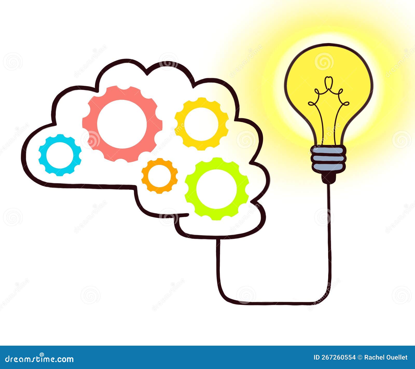 Cartoon Brain with Colorful Gears Plugged into a Light Bulb Stock ...