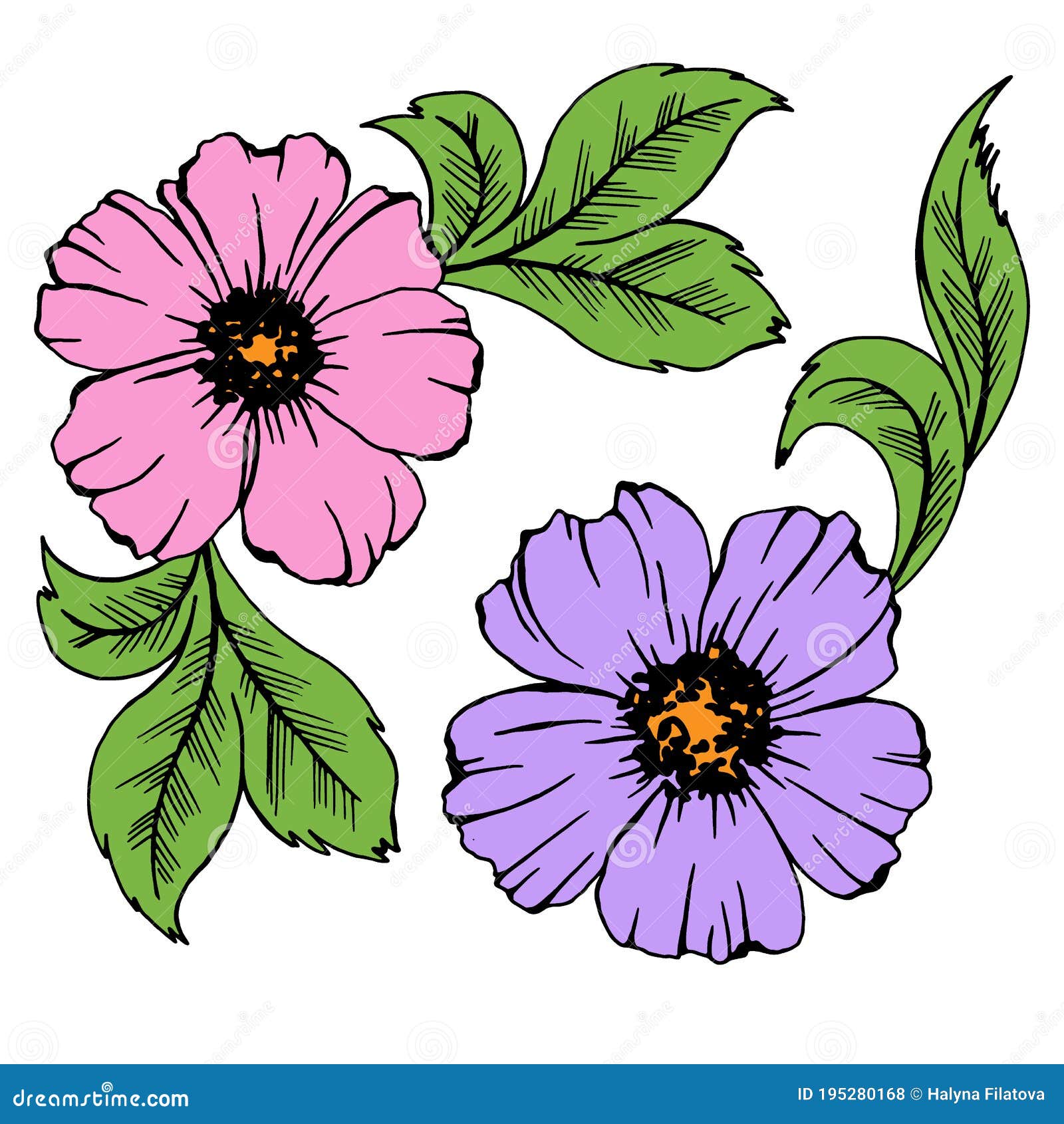 1436 Flowers, Drawing in Bright Colors, Flowers and Leaves, Vector ...