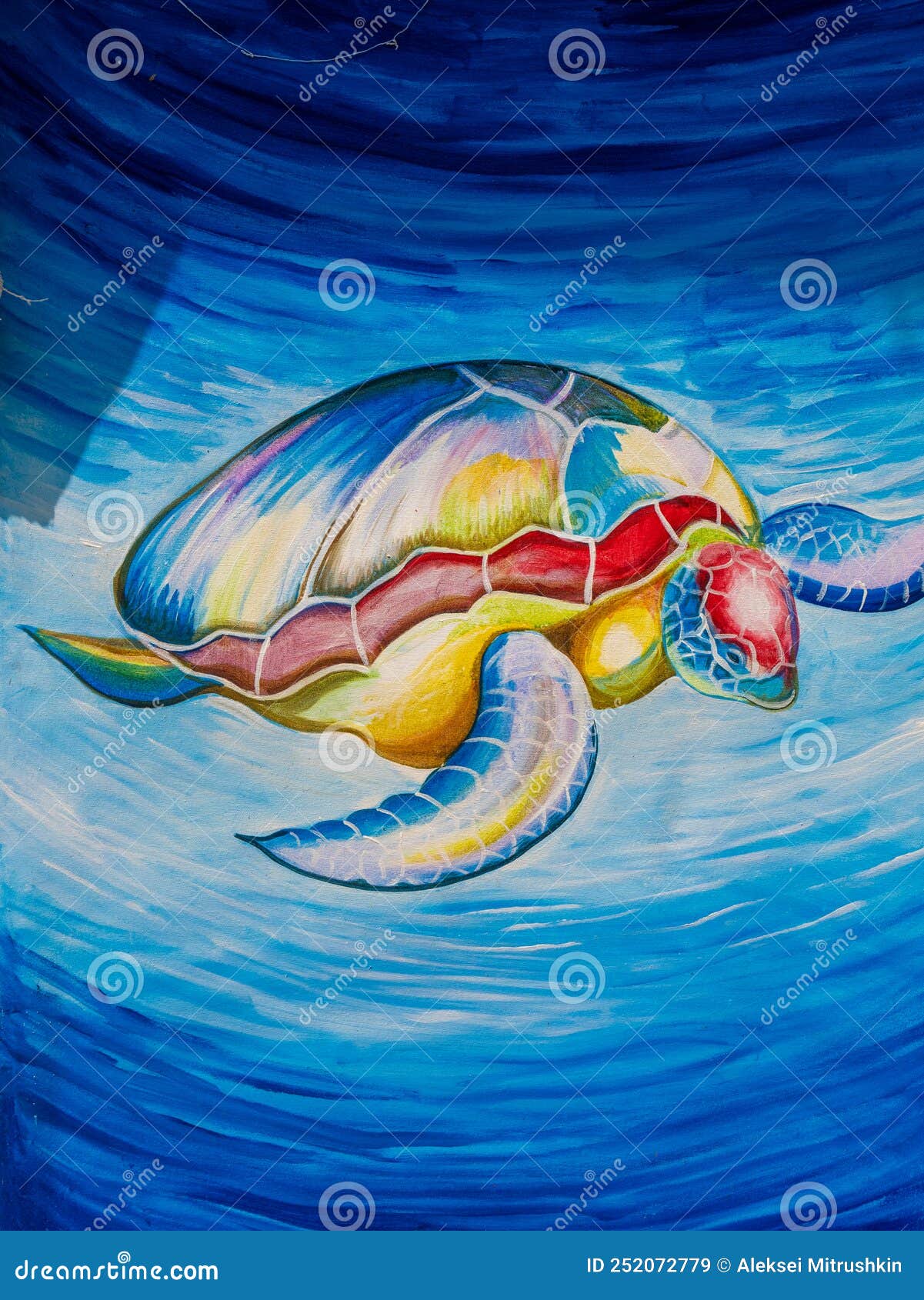 Drawing of a Bright Multi-colored Sea Turtle on the Wall. Vertical ...
