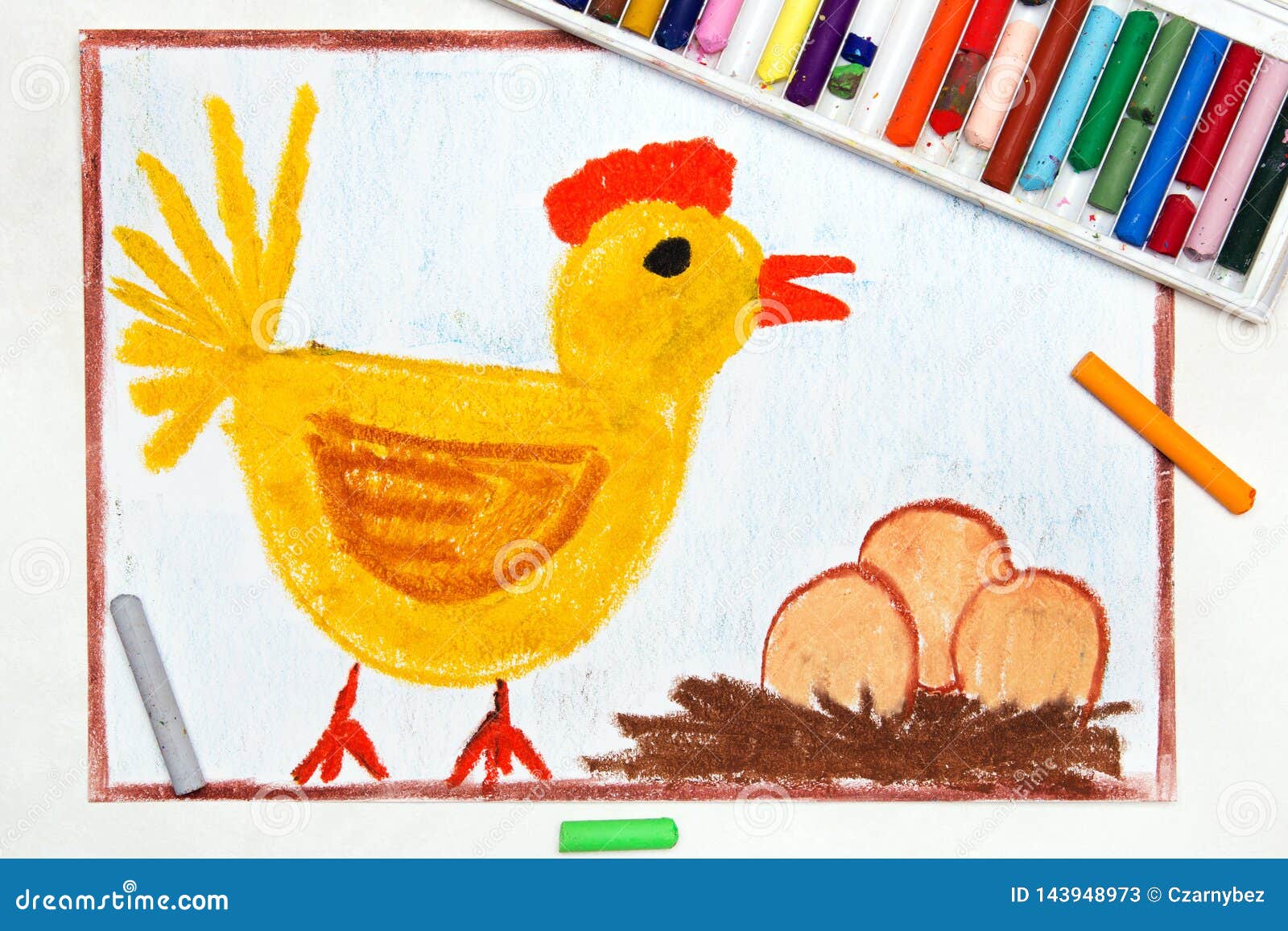 Drawing: Brooding Hen And Three Little Chickens Stock Photo ...