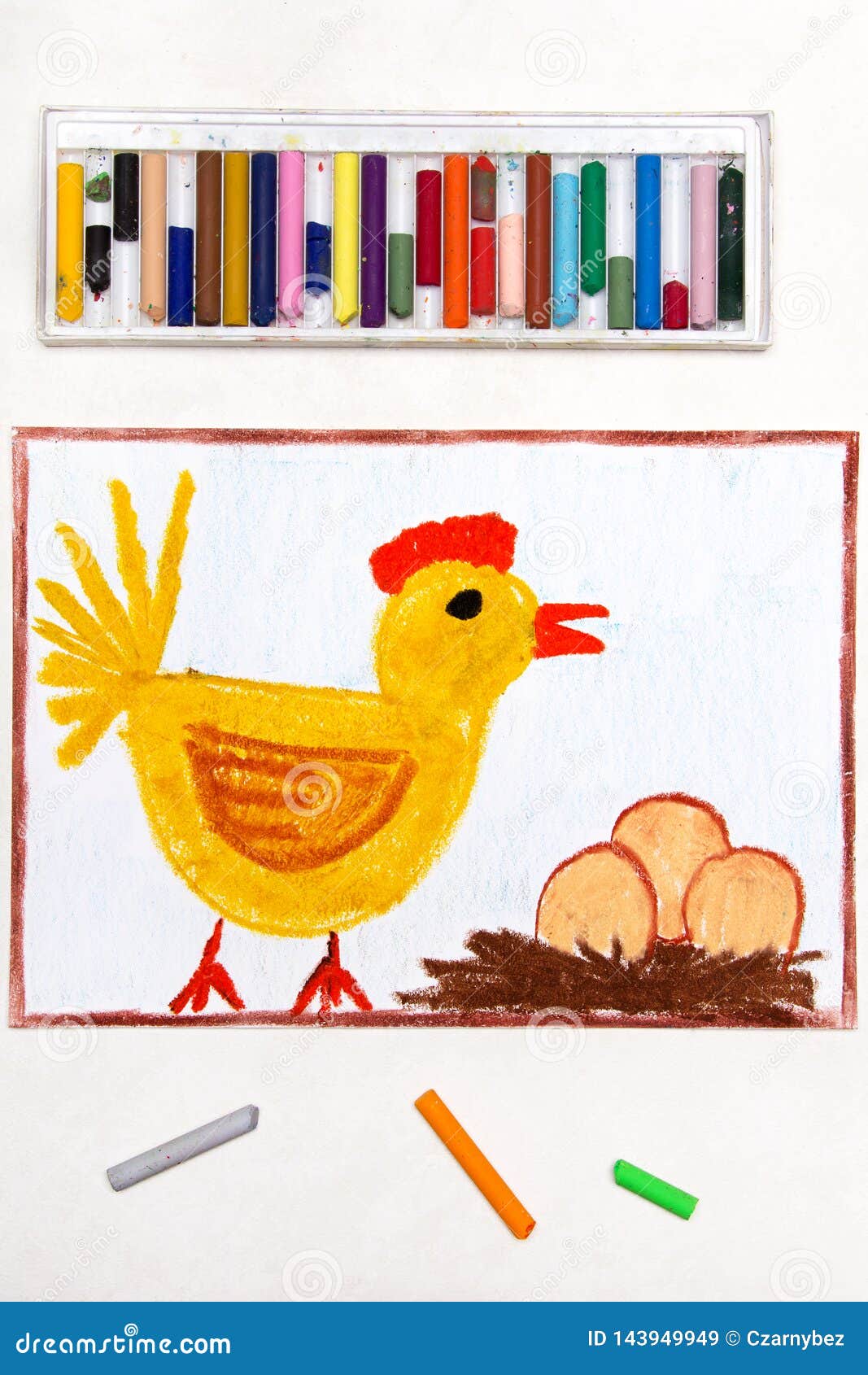 Drawing: Brooding Hen And Three Little Chickens Stock Photo ...