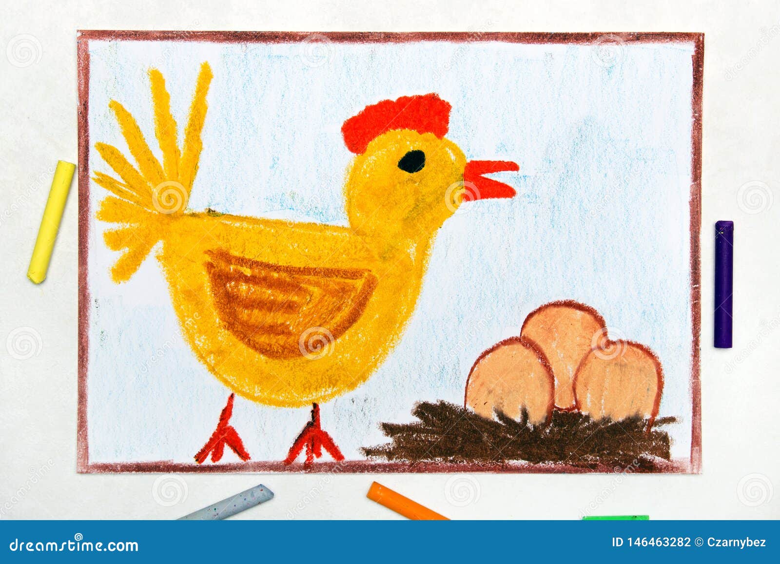 Drawing: Brooding Hen And Three Little Chickens Stock Photo ...