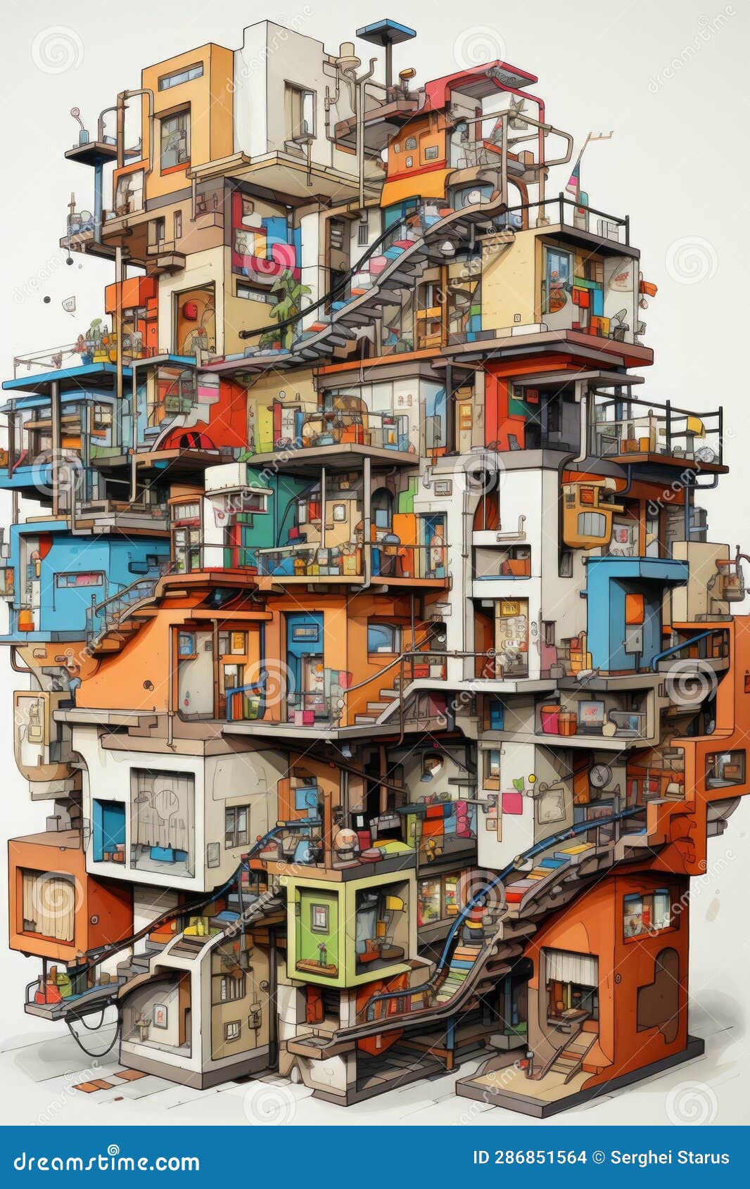 A Drawing of a Building Made Up of Many Different Types of Buildings ...