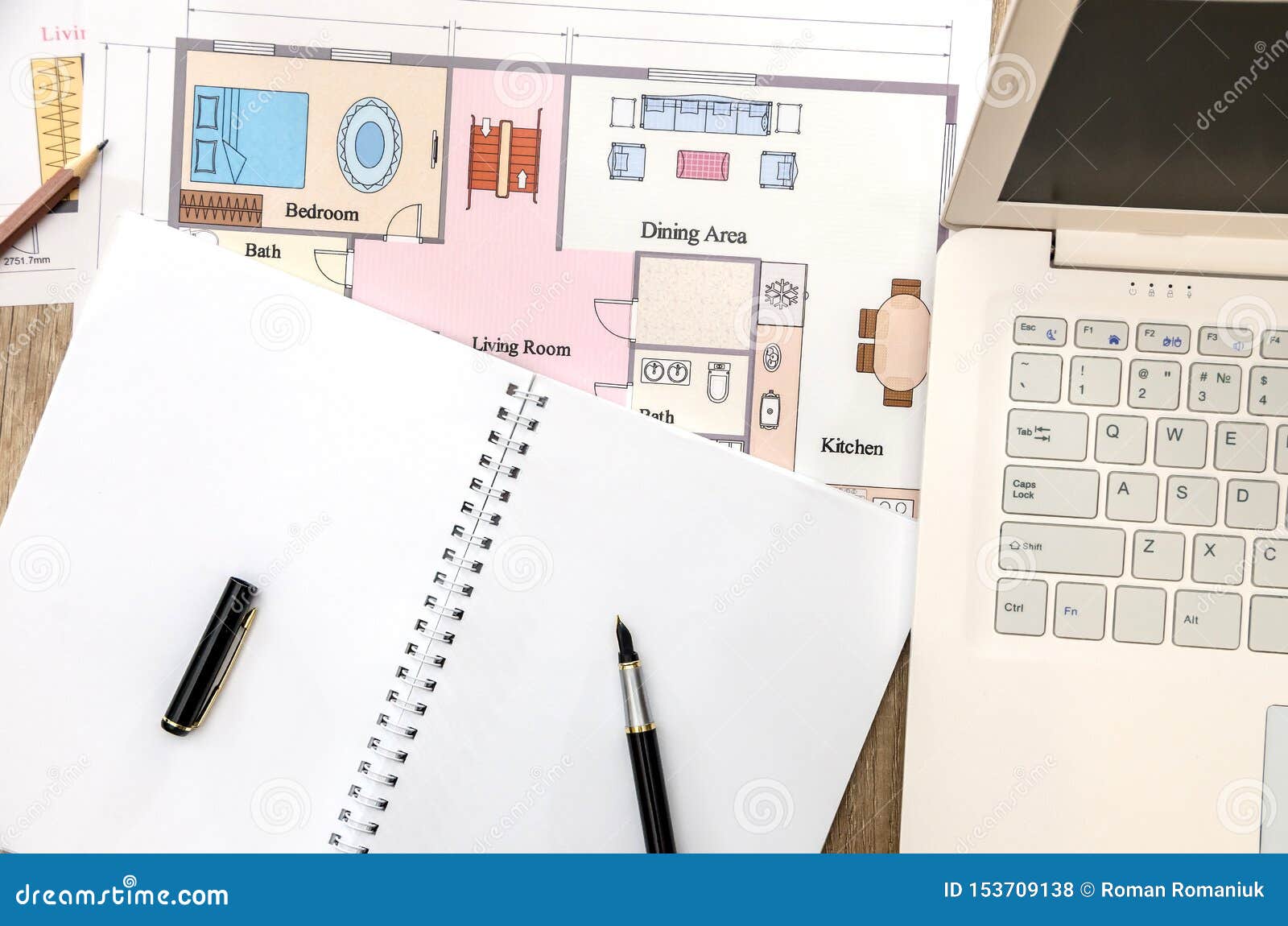 Drawing of a Building with a Notebook and a Laptop Stock Photo - Image ...