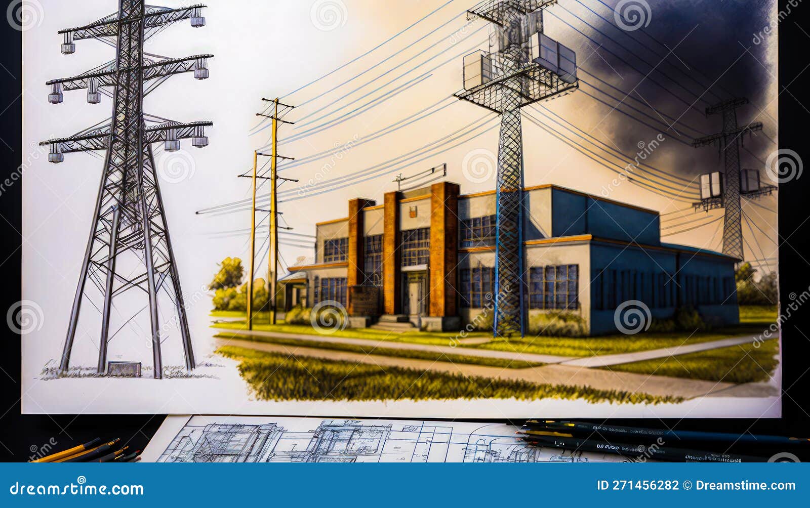 Drawing of Building and Power Lines. Generative AI Stock Illustration ...