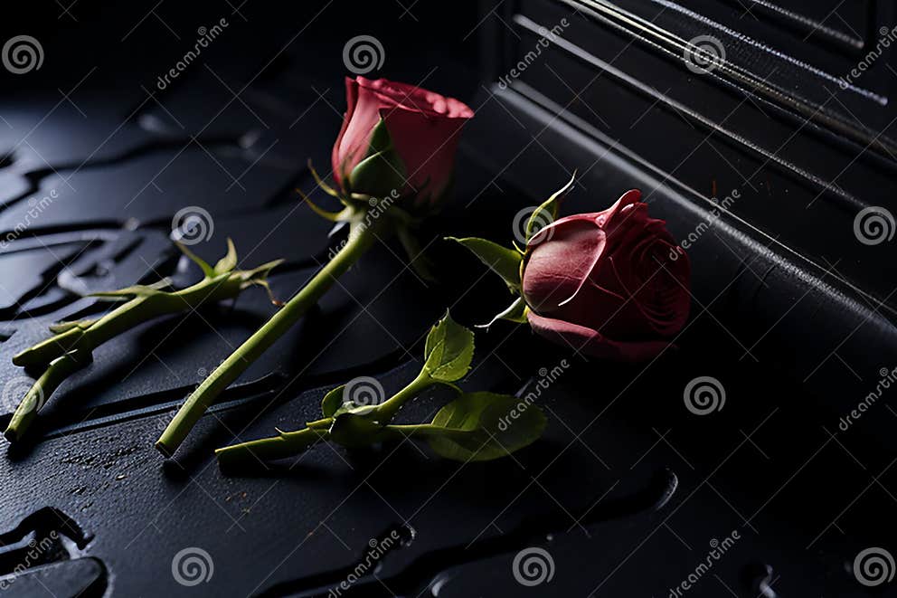 A Drawing with Bullets is a Bundle of Roses Lying on the Ground in the ...