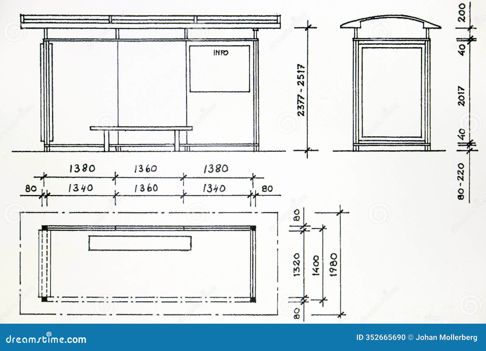 Drawing of a Bus Stop, Front, Side and Top Views Stock Photo - Image of ...