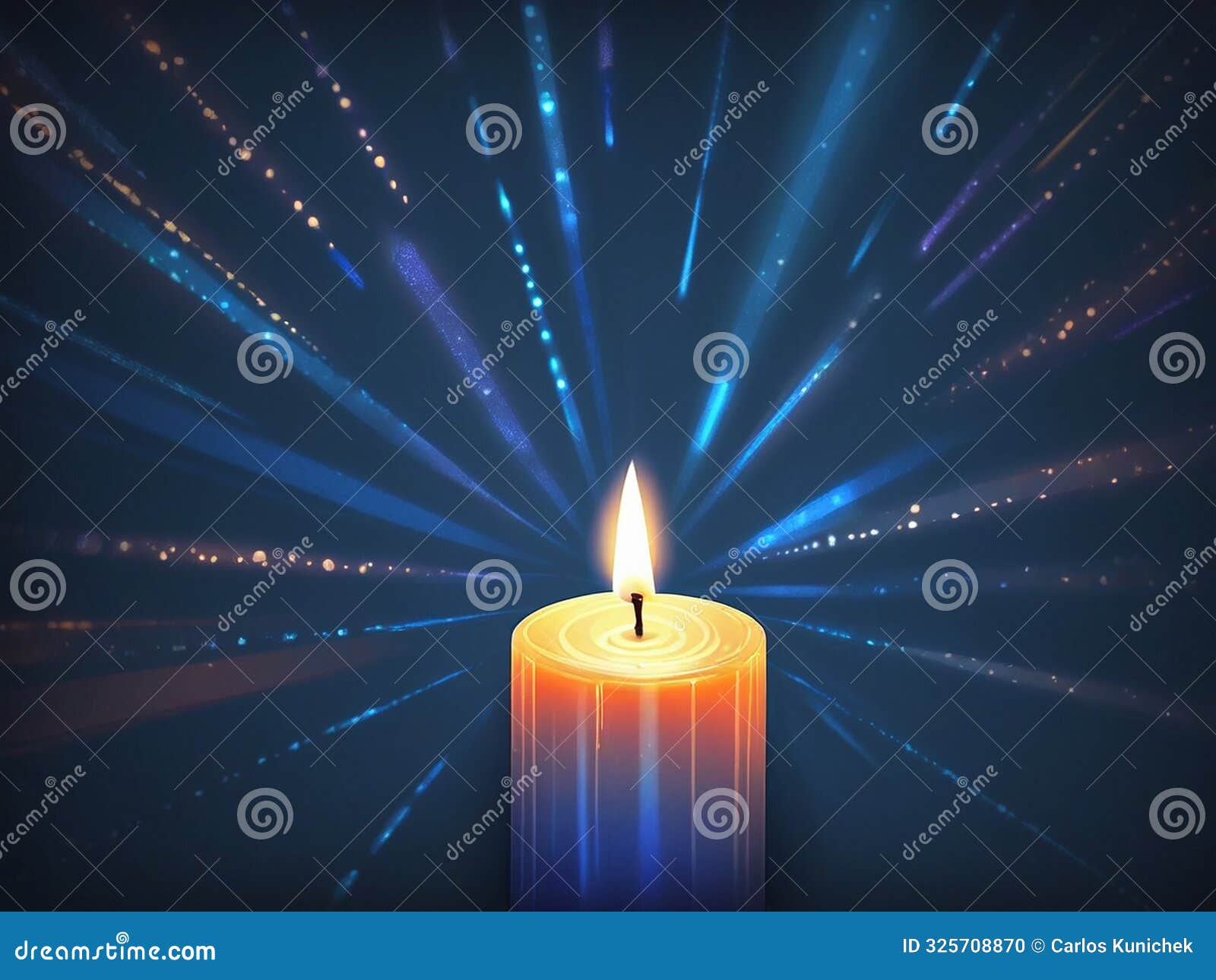 Drawing of Candlelight, Color Dots, Glowing Blue Background with Light ...