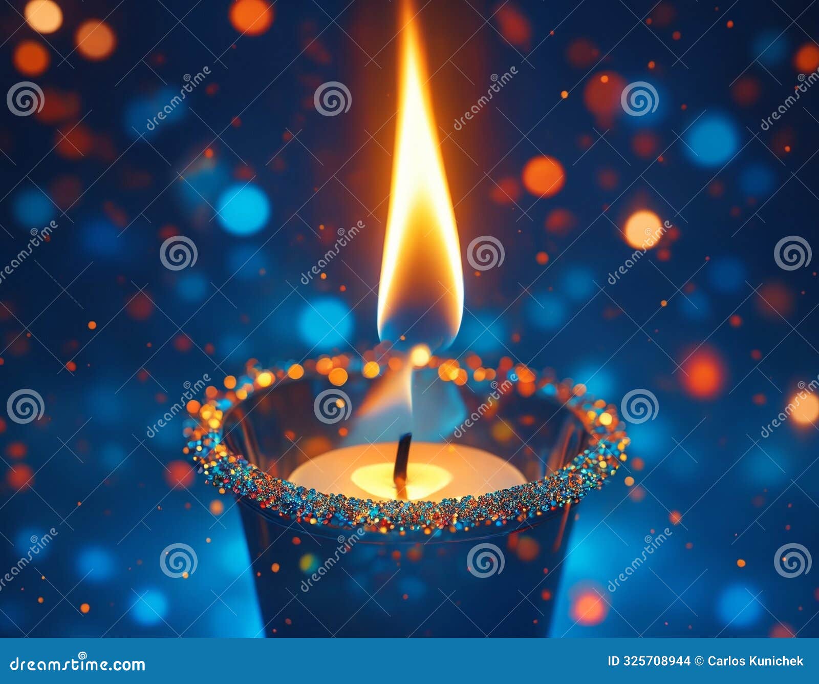 Drawing of Candlelight, Color Dots, Glowing Blue Background with Light ...
