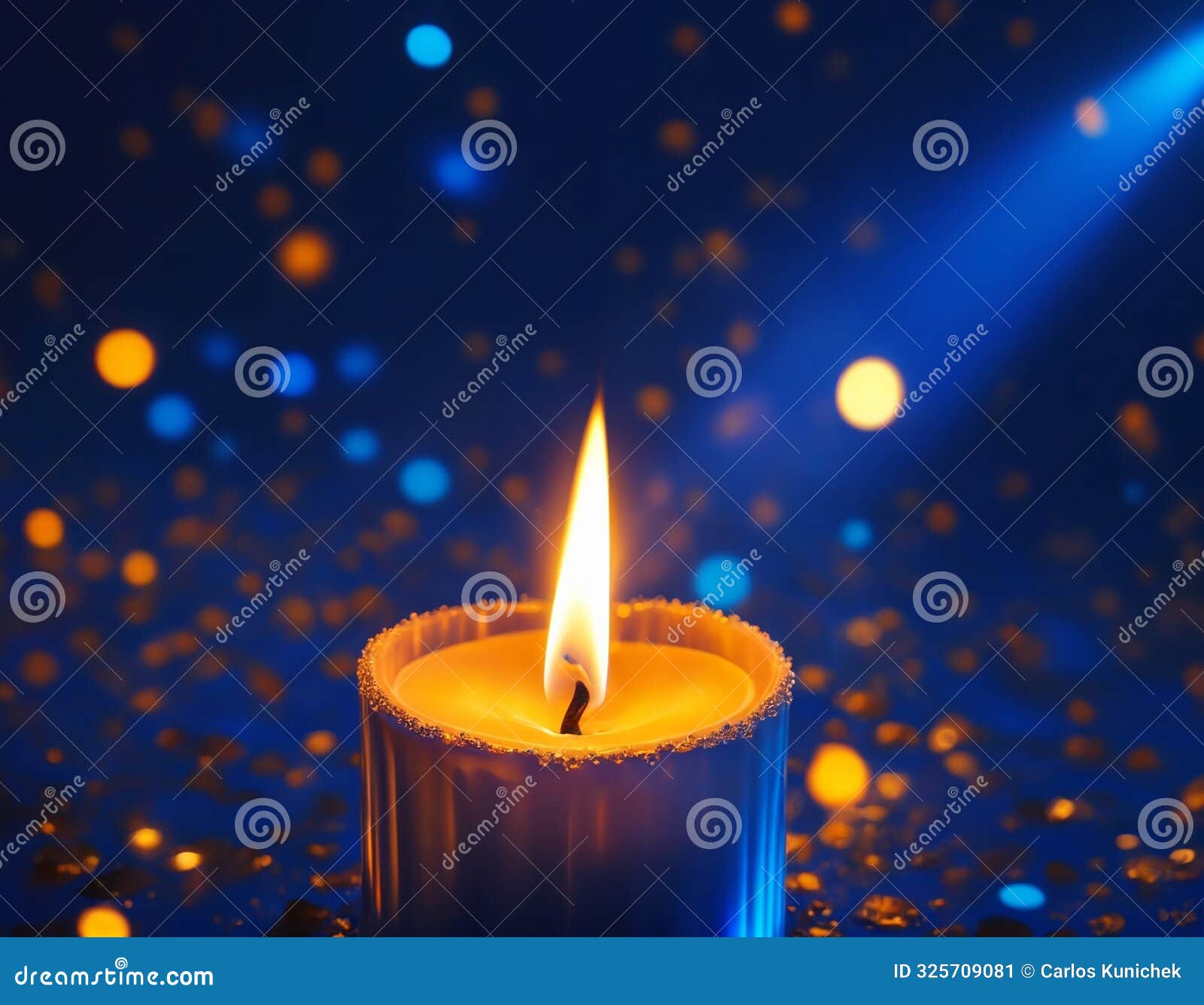 Drawing of Candlelight, Color Dots, Glowing Blue Background with Light ...