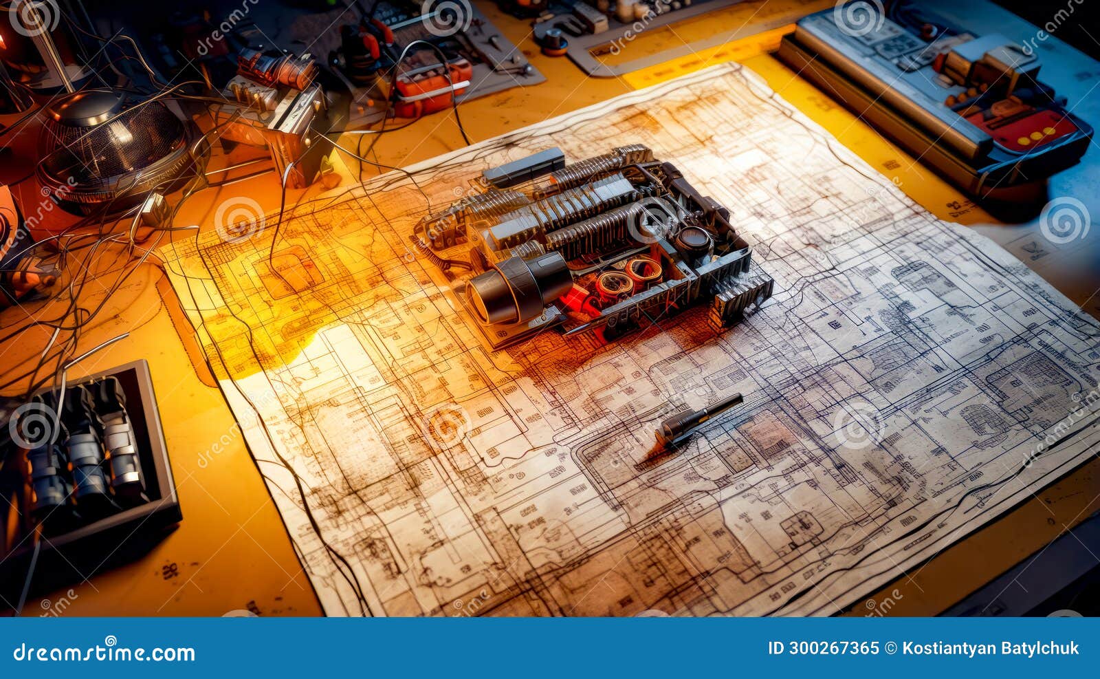 Drawing of Car Engine on Table with Pair of Scissors. Generative AI ...